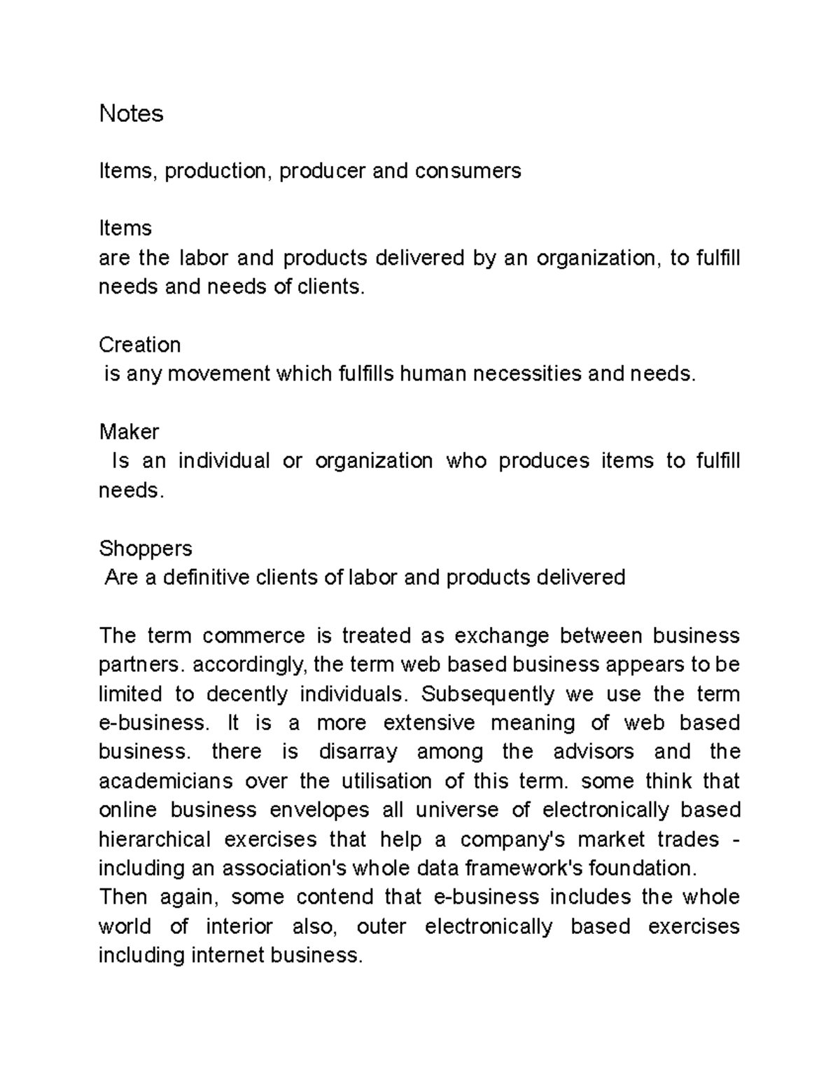 E-commerce notes 1 - Notes Items, production, producer and consumers ...