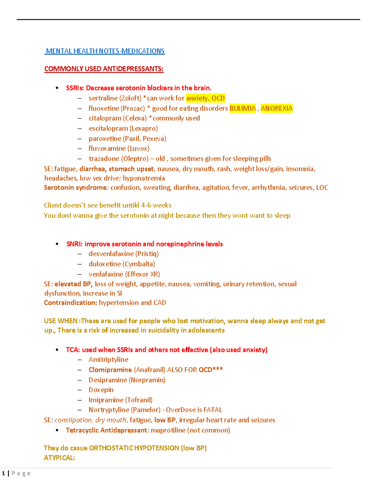 Mental Health Study Notes - Medications - MENTAL HEALTH NOTES ...