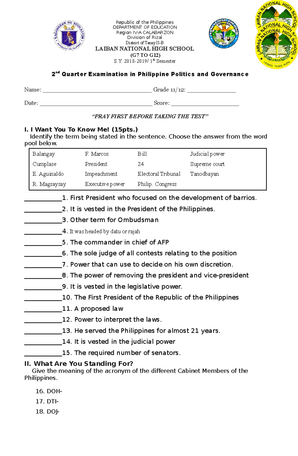 2nd Quarter Exam 18-19 - this is my exam - 2 nd Quarter Examination in Philippine Politics and ...