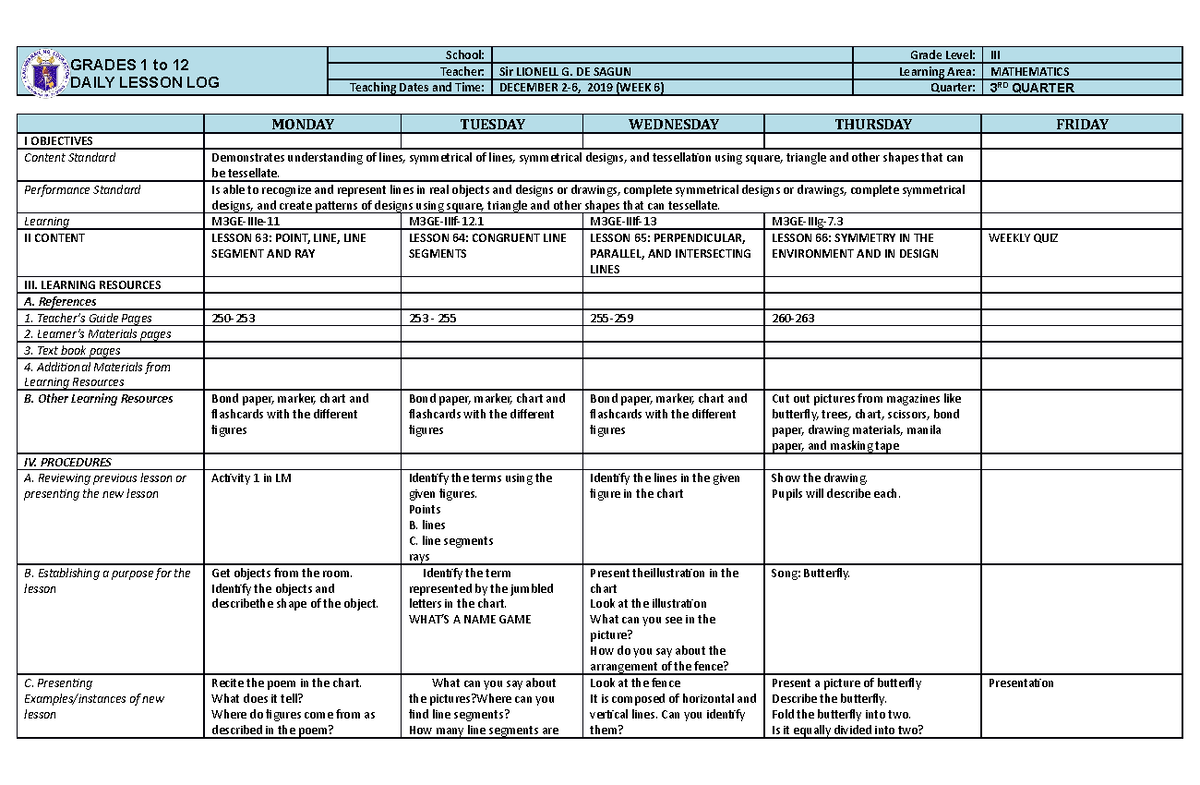 Mathematics 3 Q3 W6 DLL - Daily log lesson - GRADES 1 to 12 DAILY ...