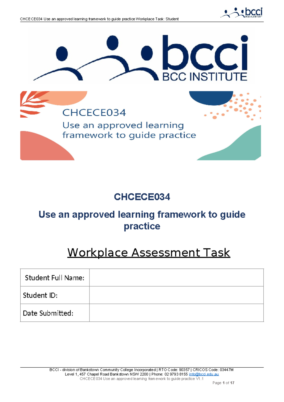 Chcece 034 Workplace Student V1.1 - CHCECE Use an approved learning ...