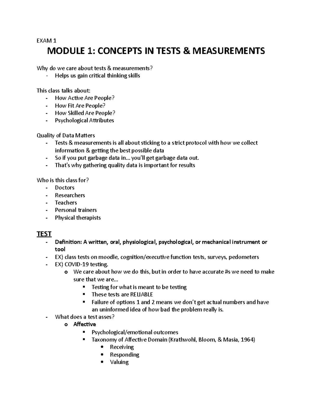 EXAM 1 Notes - EXAM 1 MODULE 1: CONCEPTS IN TESTS & MEASUREMENTS Why do ...
