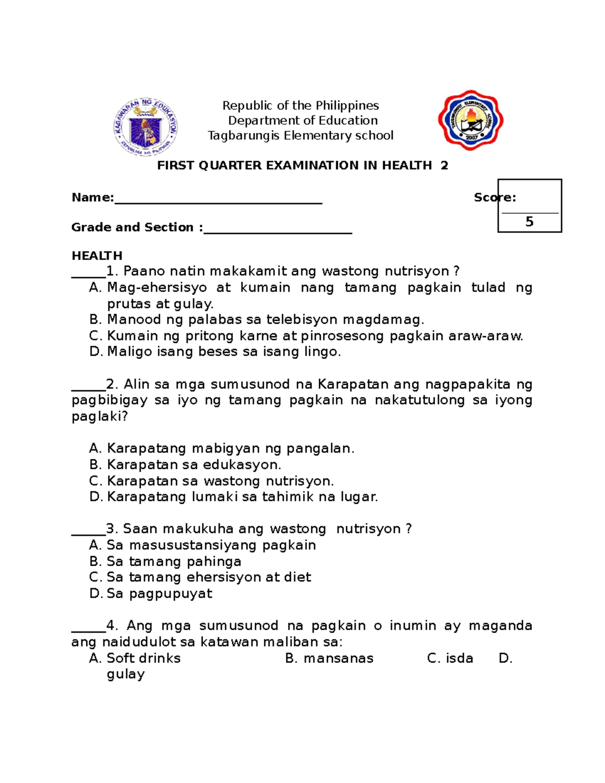 First Grading EXAM Health 2 - Republic of the Philippines Department of ...
