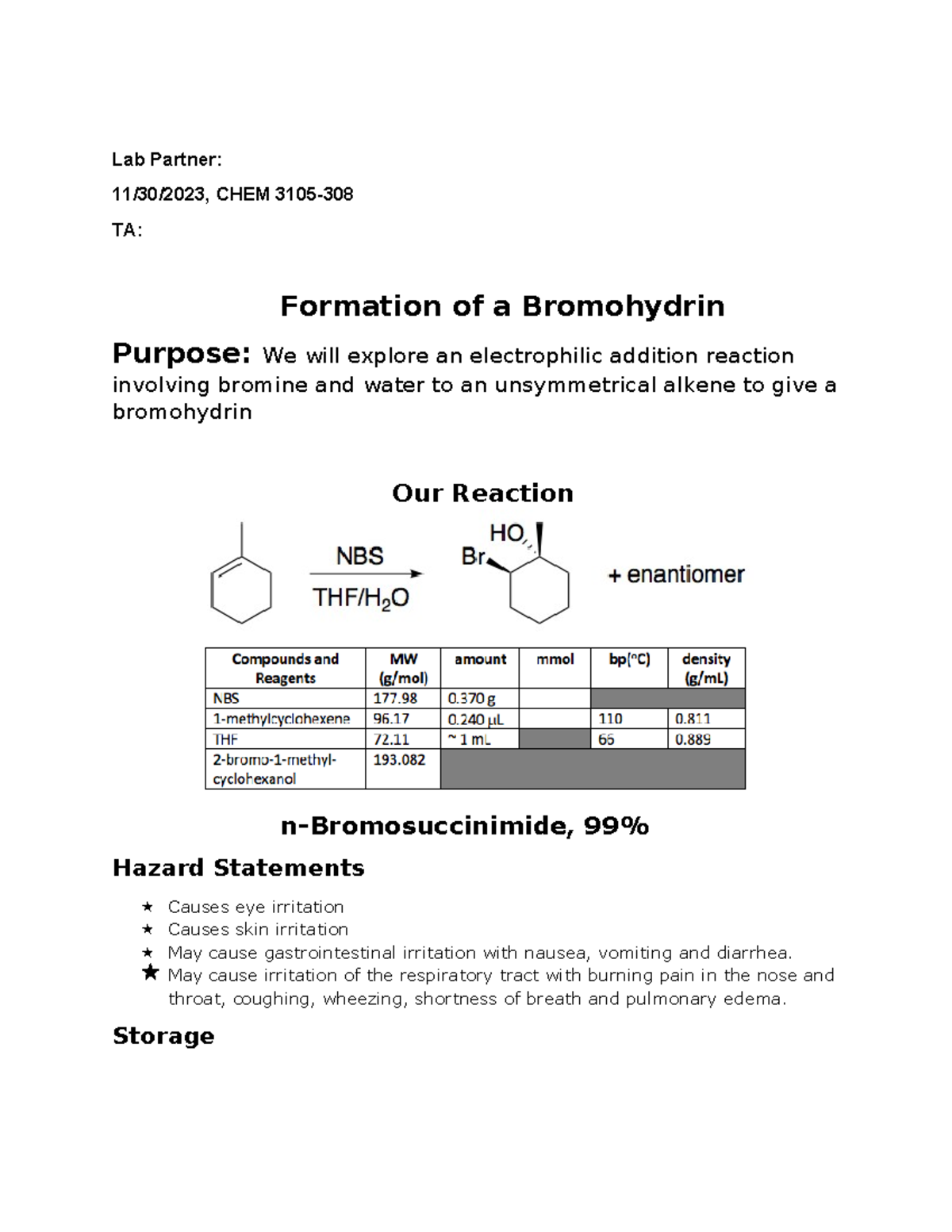 Lab 11 Formation of a Bromohydrin - Lab Partner: 11/30/2023, CHEM 3105 ...