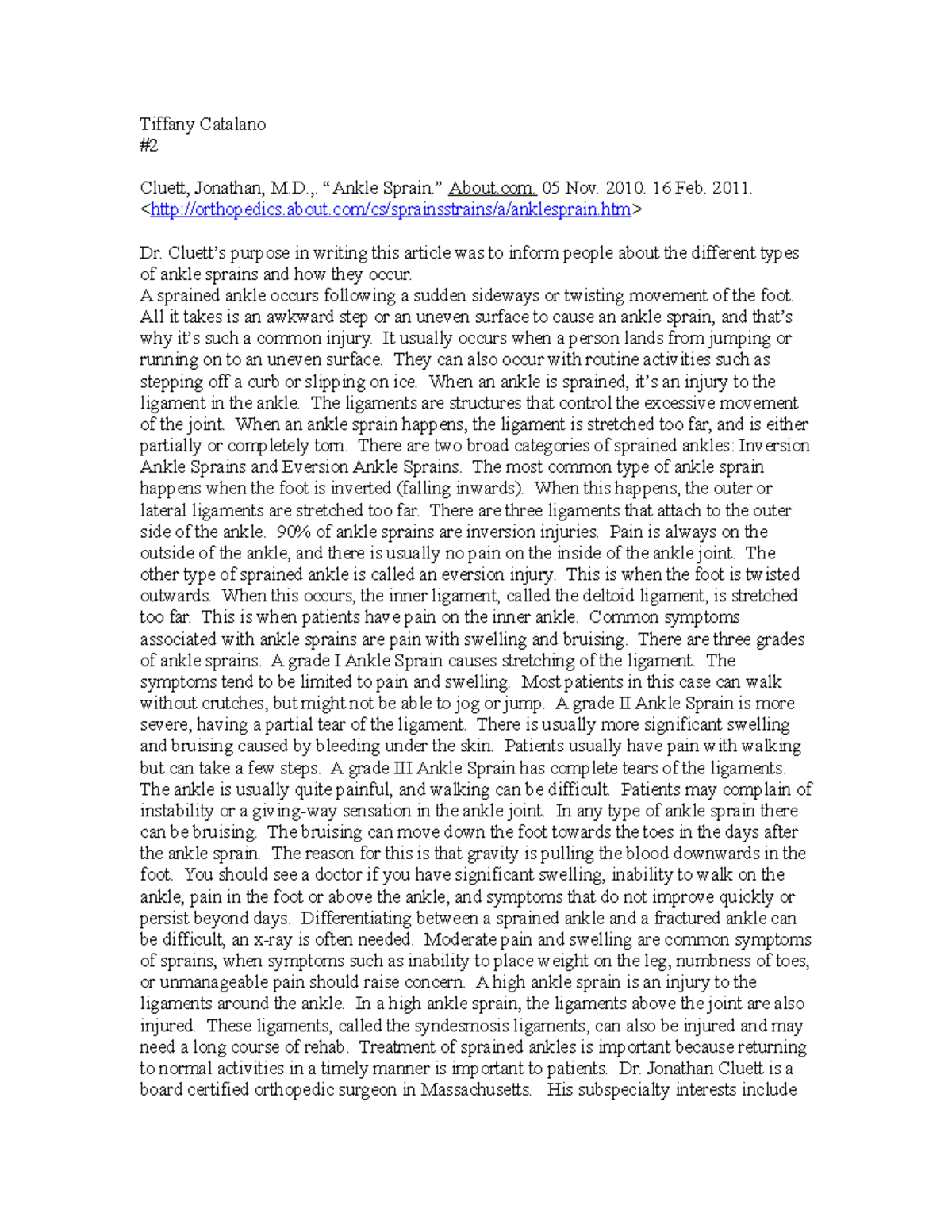 Ankle Sprain Summary - Tiffany Catalano Cluett, Jonathan, M.,. About ...
