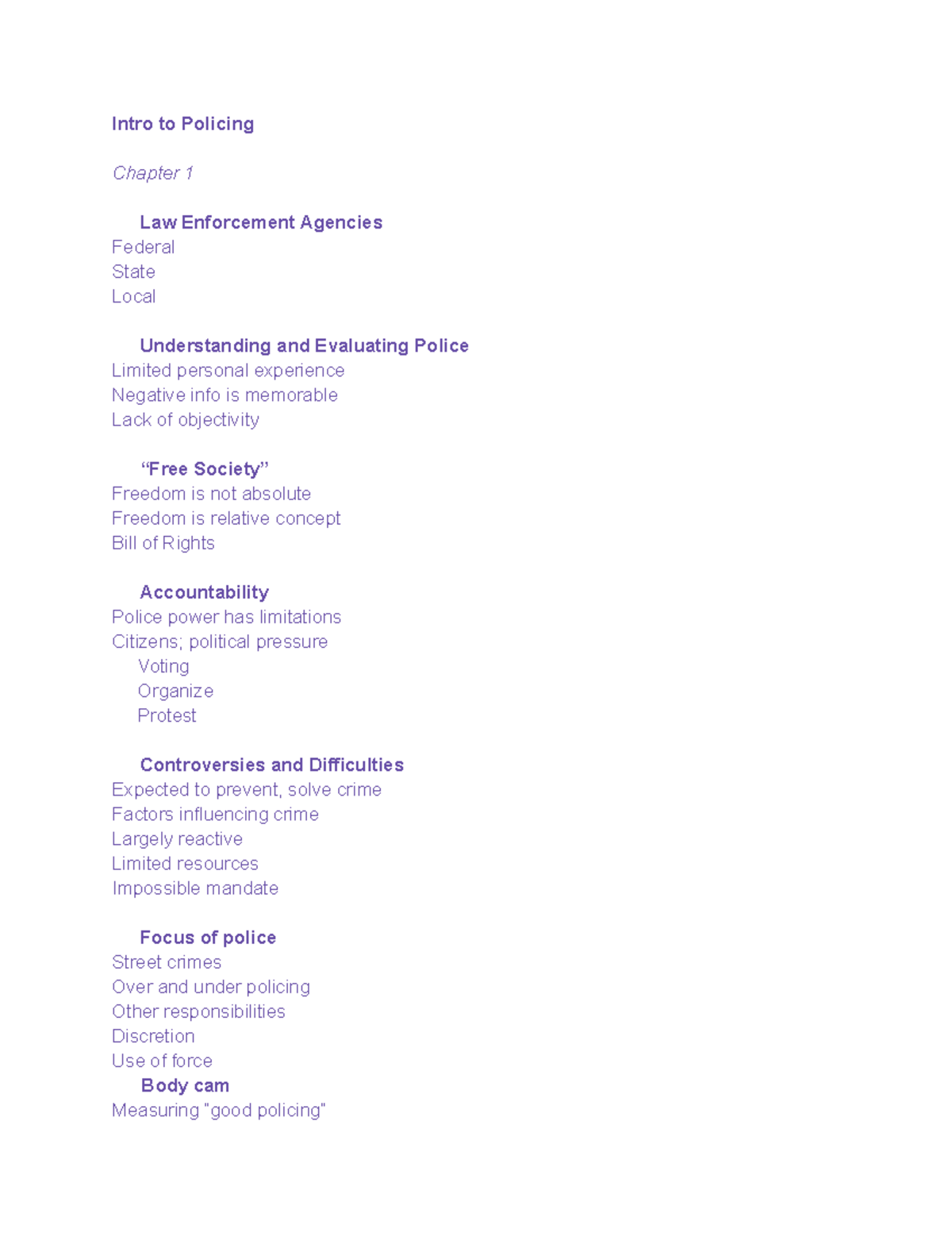 Intro to Policing - Lecture notes for exam 2 - Intro to Policing ...
