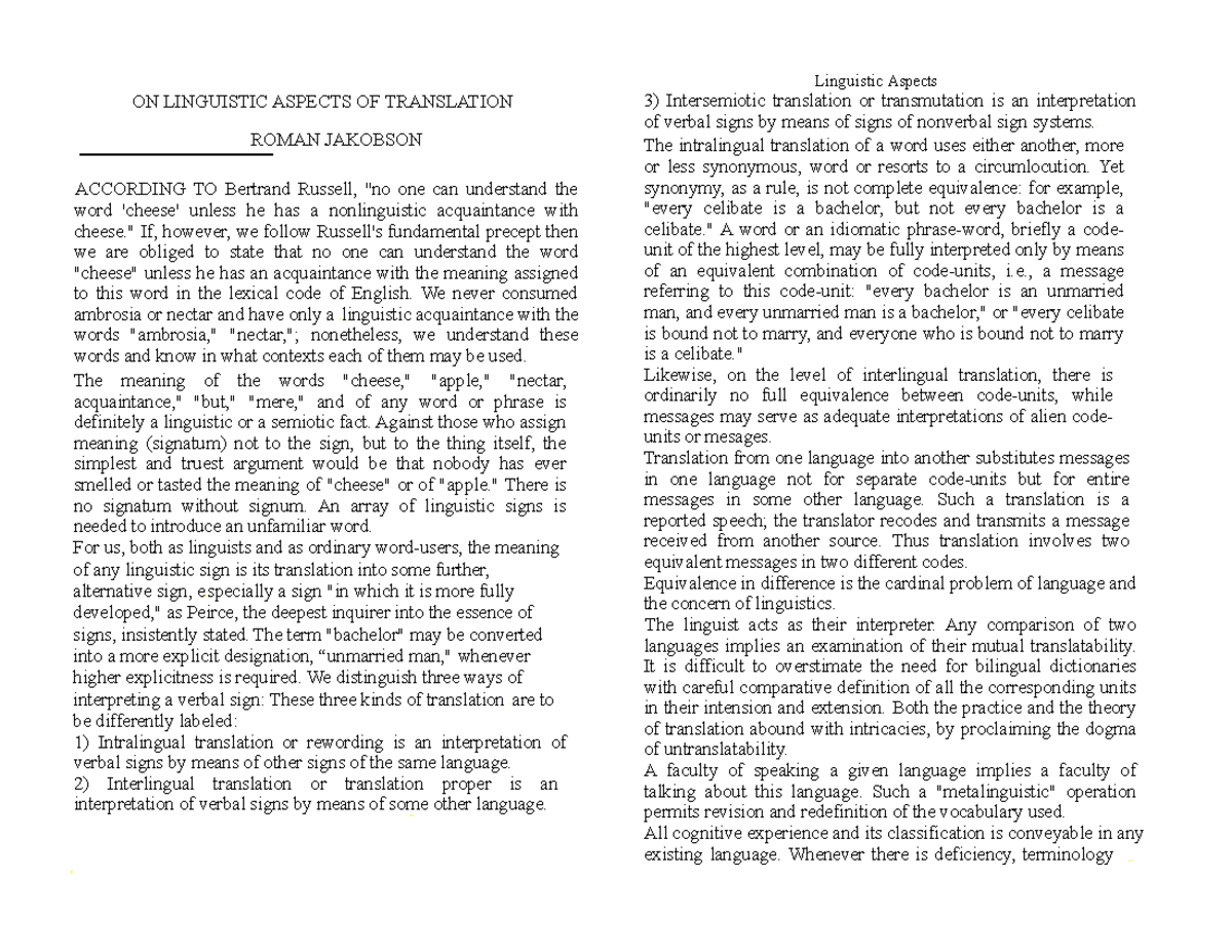 03 Jakobson Essay on Transaltion - Linguistic Aspects ON LINGUISTIC ...