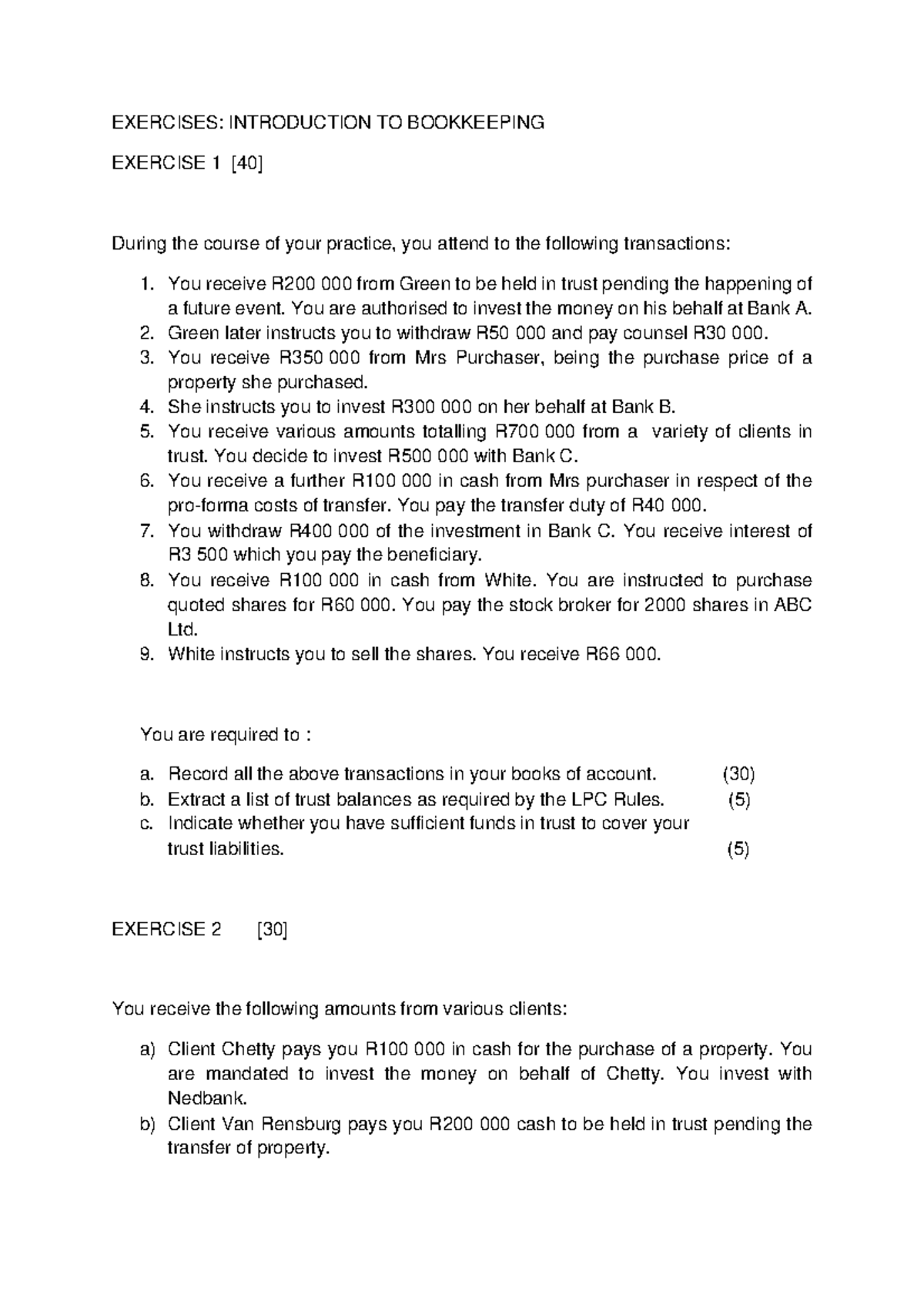 Exercises- Introduction - EXERCISES: INTRODUCTION TO BOOKKEEPING ...