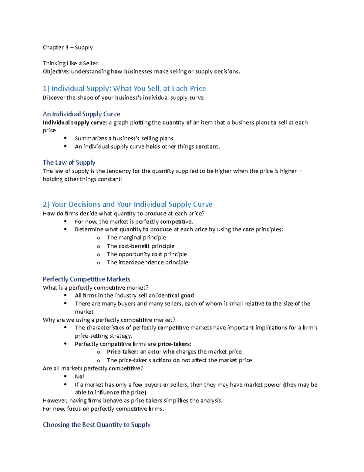 Ch. 3 - ECOn2105 - Supply lecture notes - Chapter 3 – Supply Thinking ...