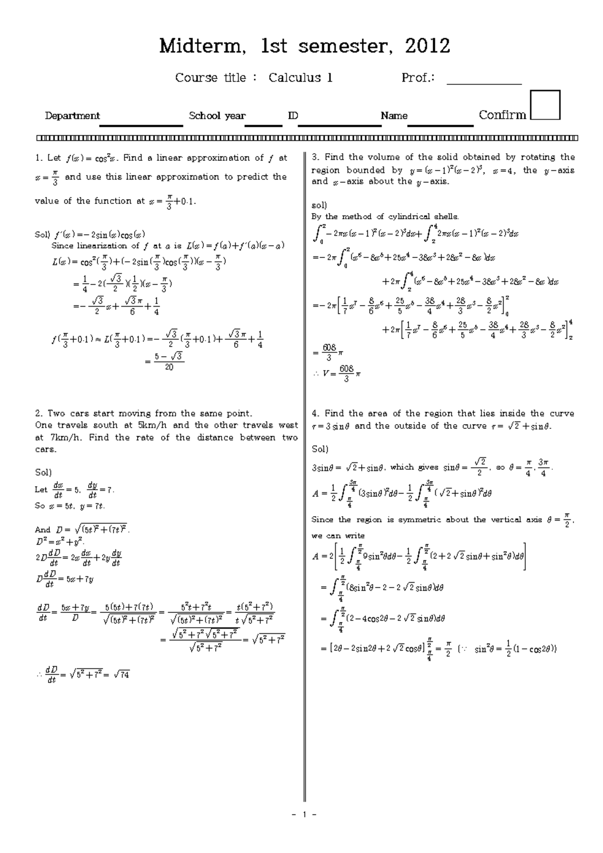 Midterm-1st-12 - Midterm, 1st semester, 2012 Course title : Calculus 1 ...