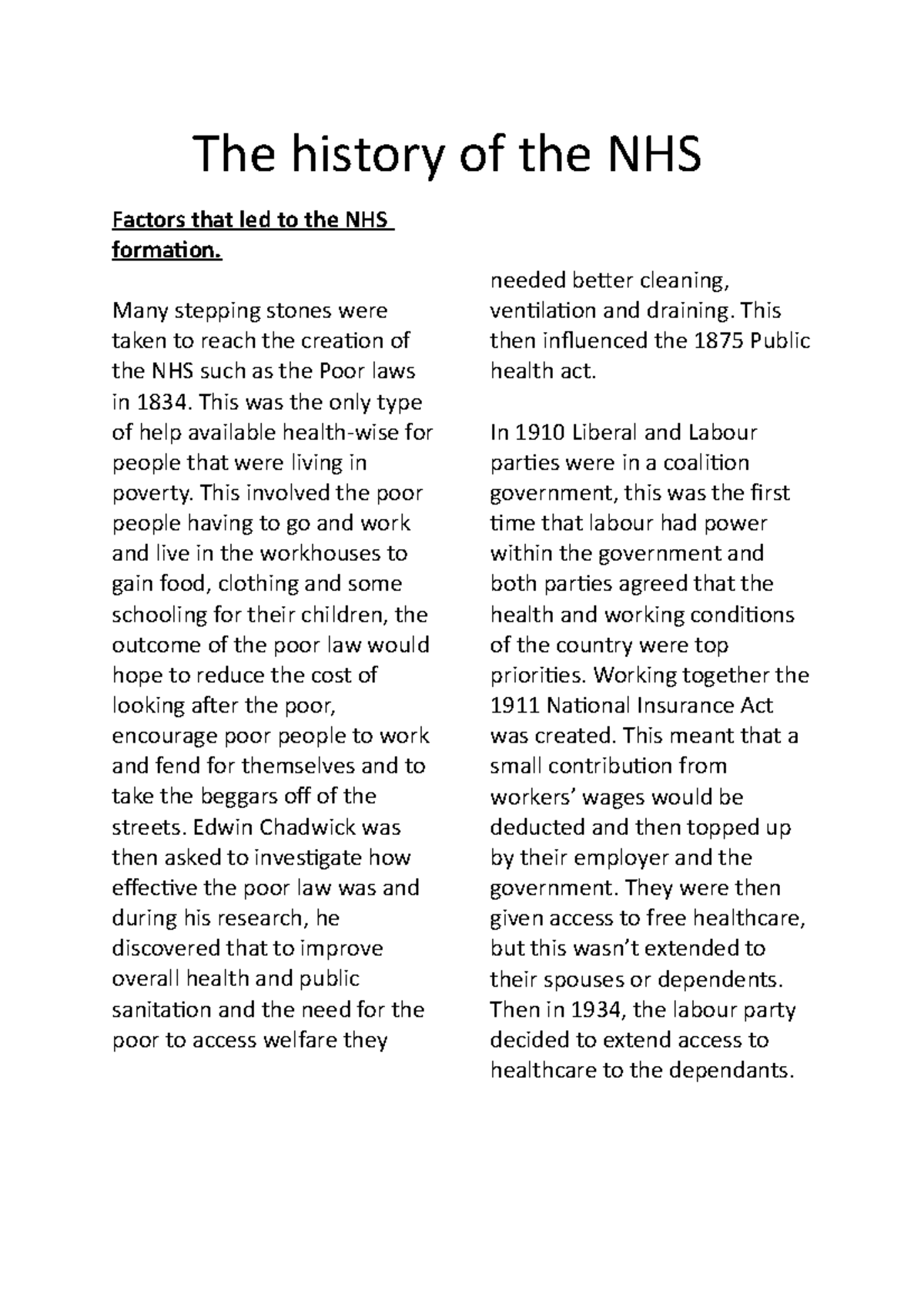Unit 6 - History of the NHS - Factors that led to the NHS formation ...