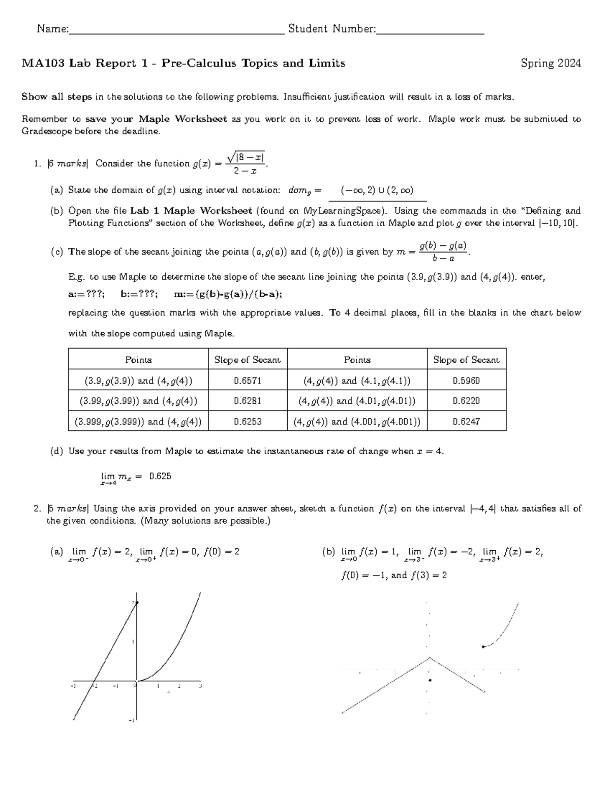MA103 Lab 1 Solutions - The week first lab - Name: Student Number ...