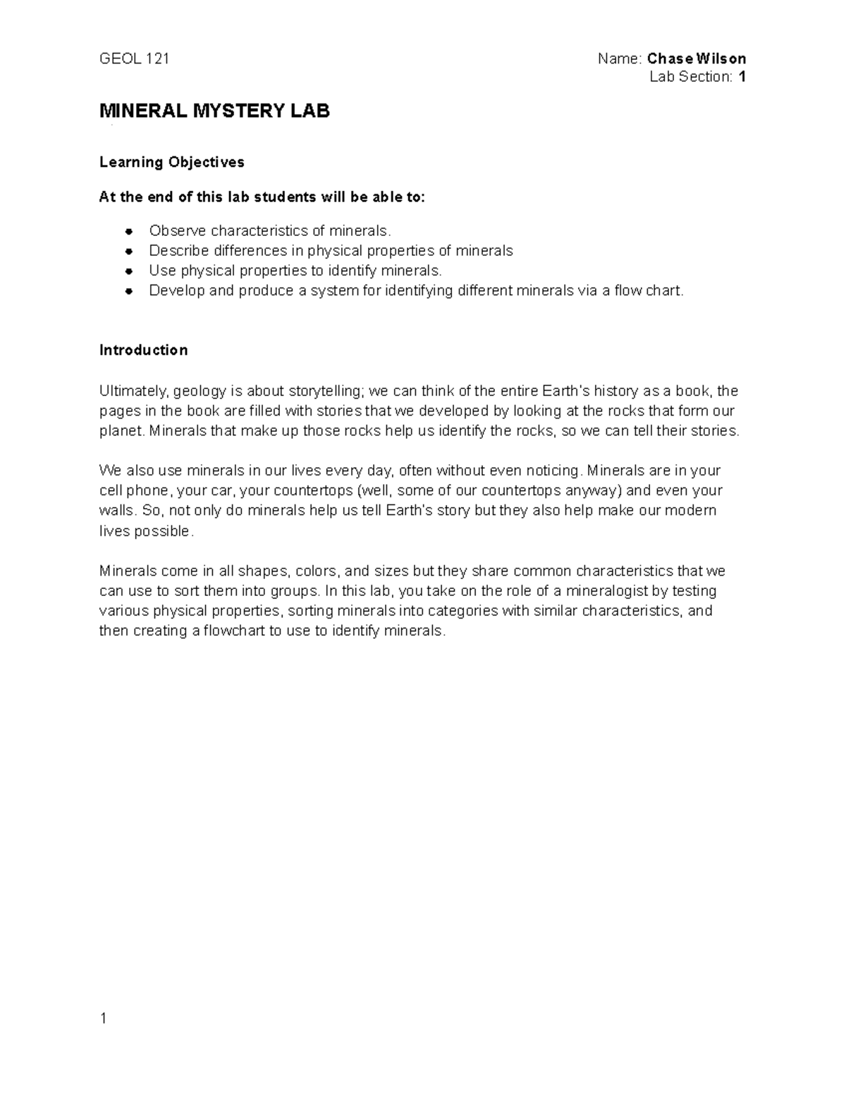 Mineral Mystery Lab - GEO121 Freshman - GEOL 121 Name: Chase Wilson Lab ...