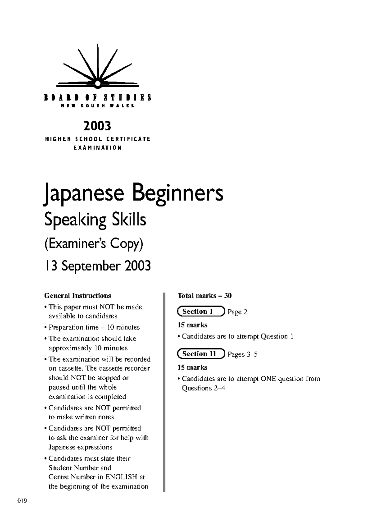 Japanese beg hsc exam speaking examiner 2003 - 2003 H I G H E R S C H O ...