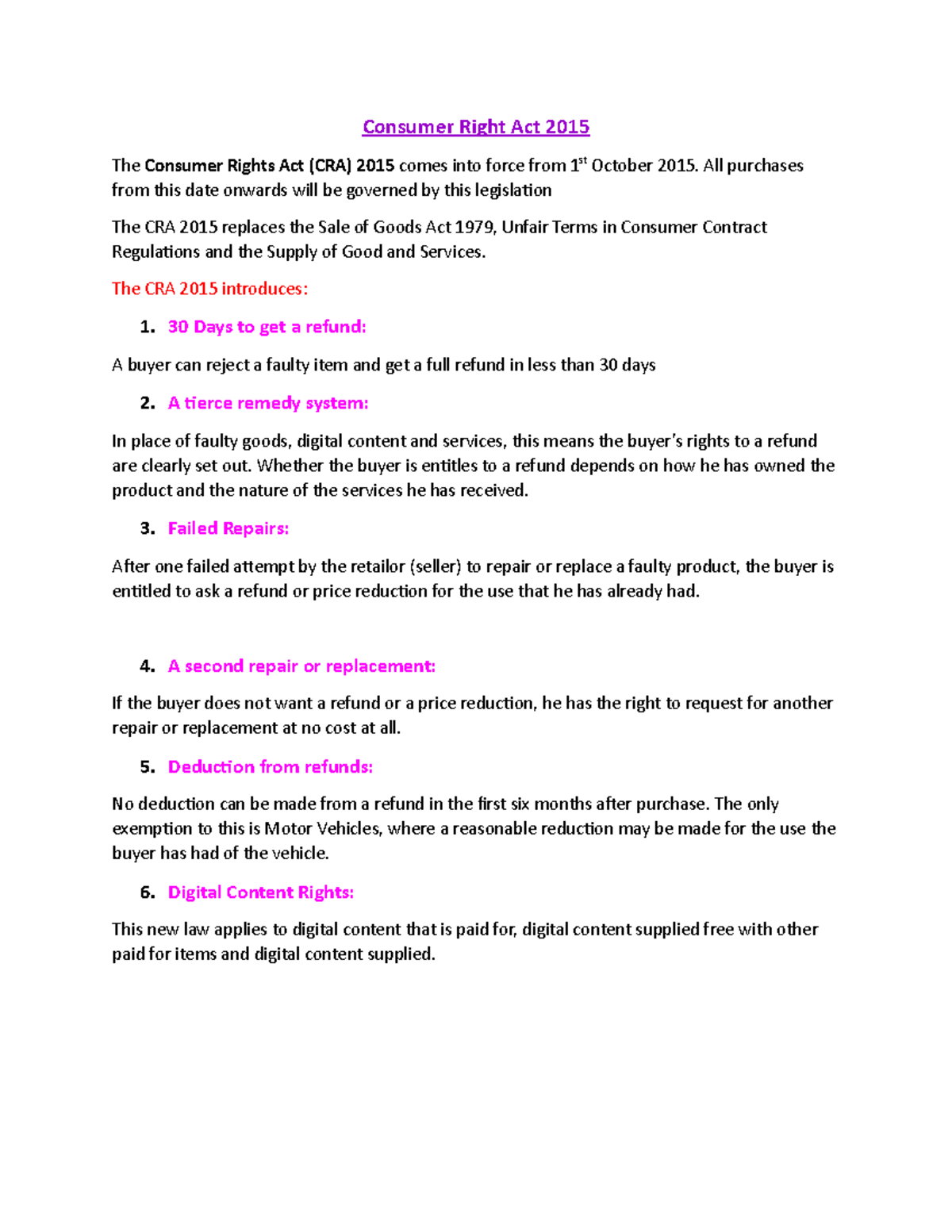 4. Consumer Right Act 2015 - Consumer Right Act 2015 The Consumer ...