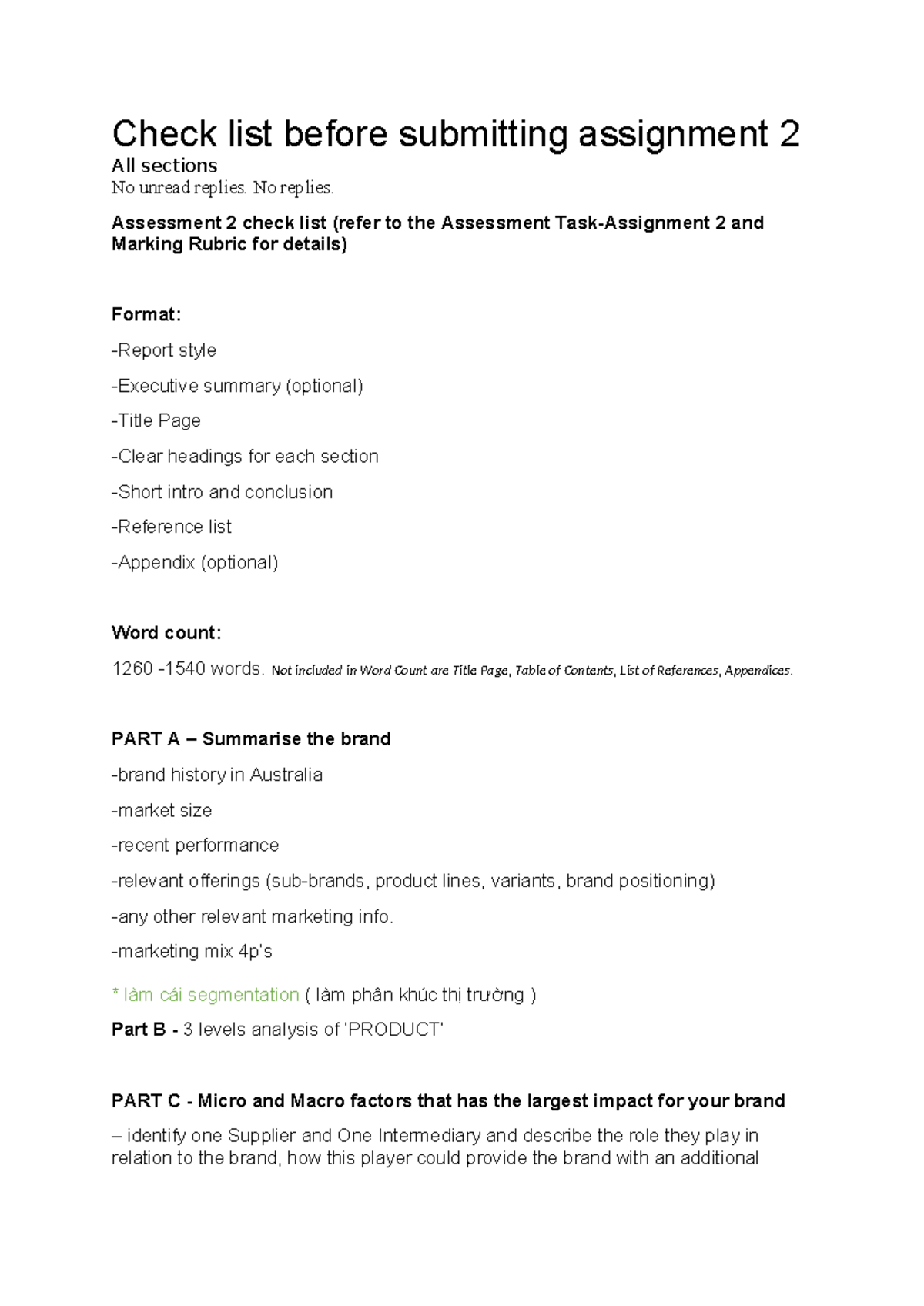 Check list before submitting assignment 2 - No replies. Assessment 2 ...