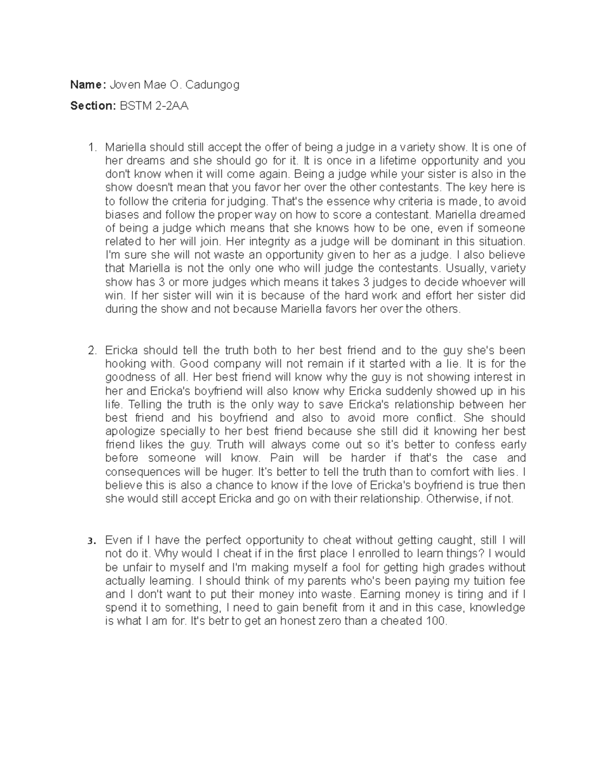 03 Activity 1 (Ethocs - ganto lang - Name: Joven Mae O. Cadungog ...