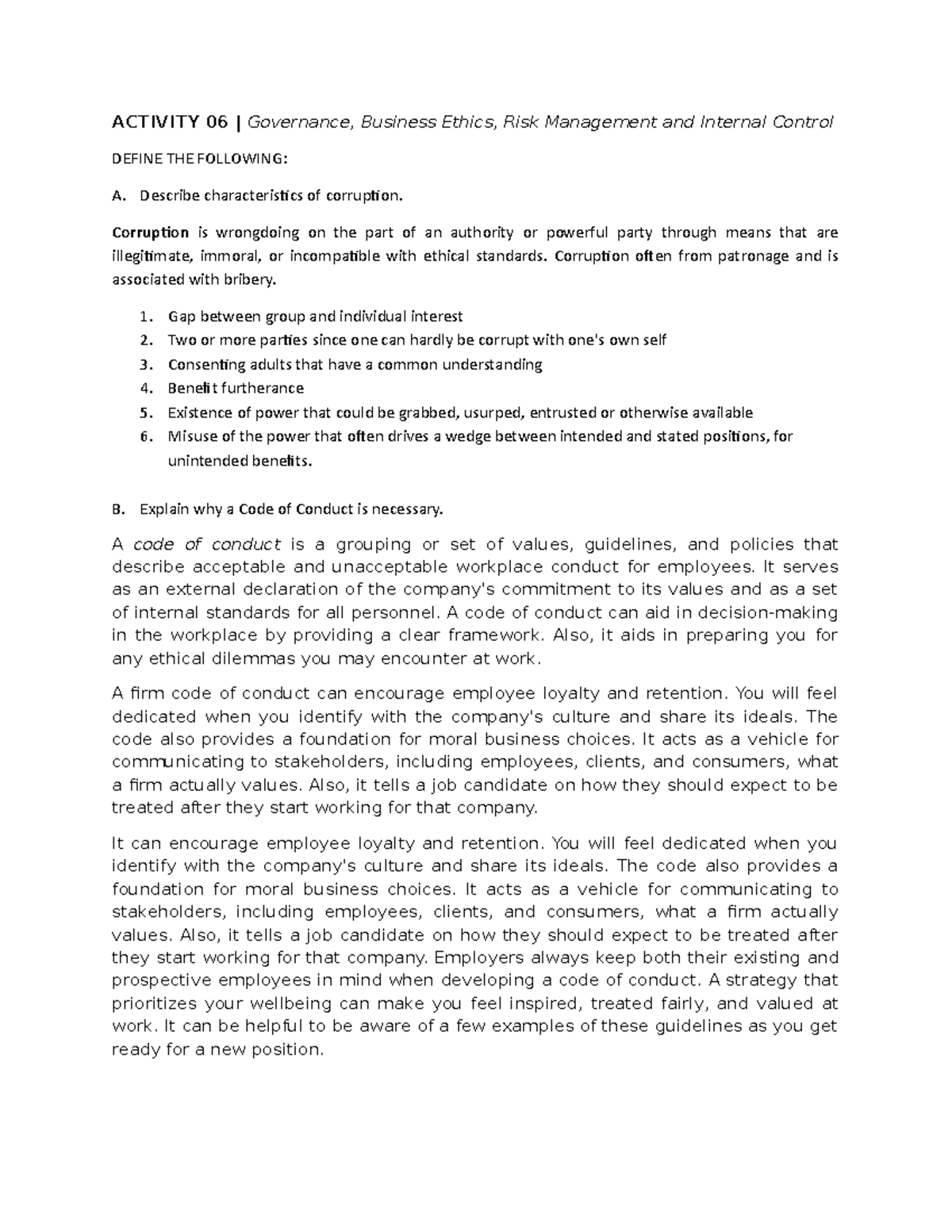 Corruption and Code of Conduct - ACTIVITY 06 | Governance, Business ...