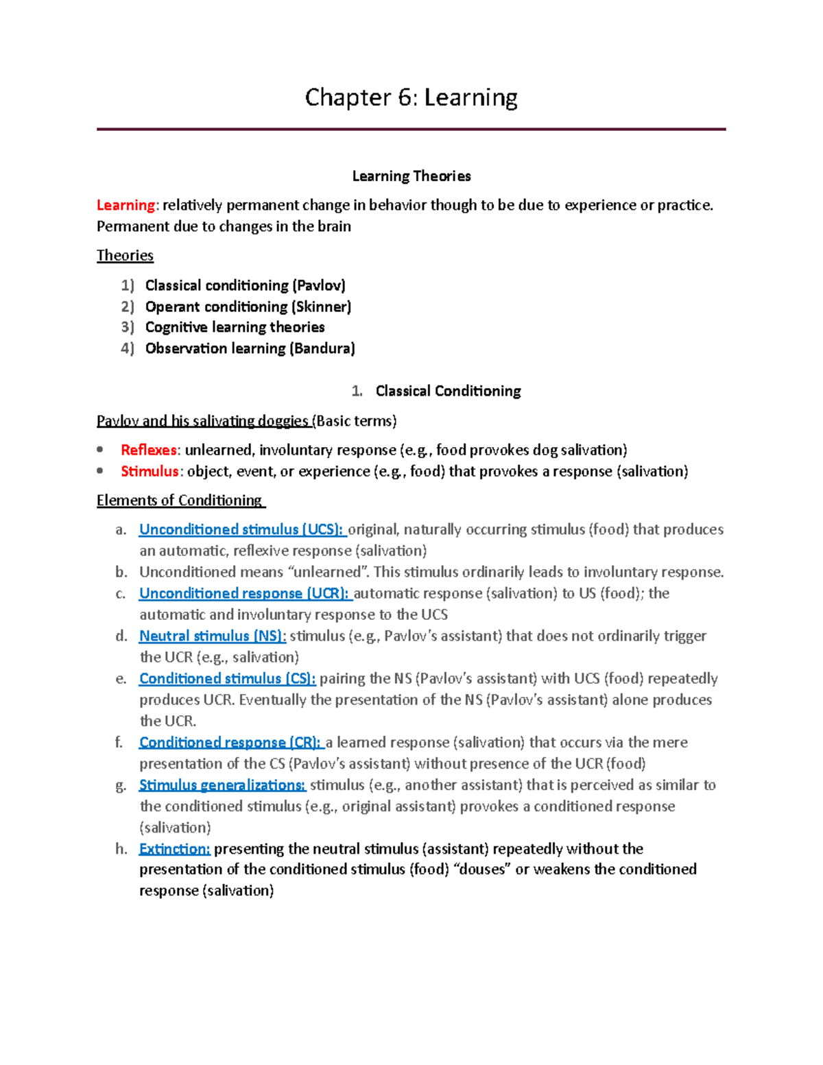 Psych Exam 2 Notes - Chapter 6: Learning Learning Theories Learning ...