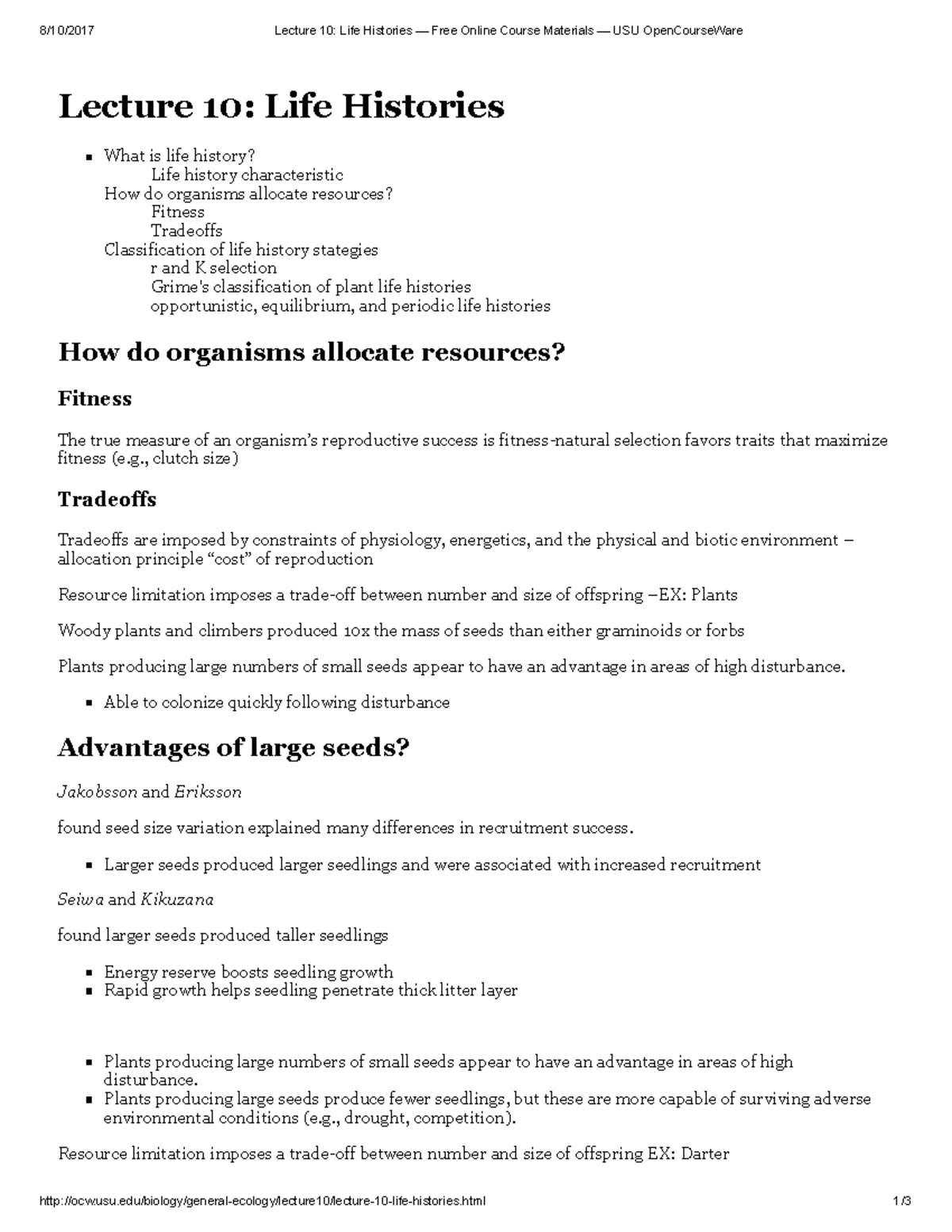 Lecture 10 life histories - 8/10/2017 Lecture 10: Life Histories — Free ...