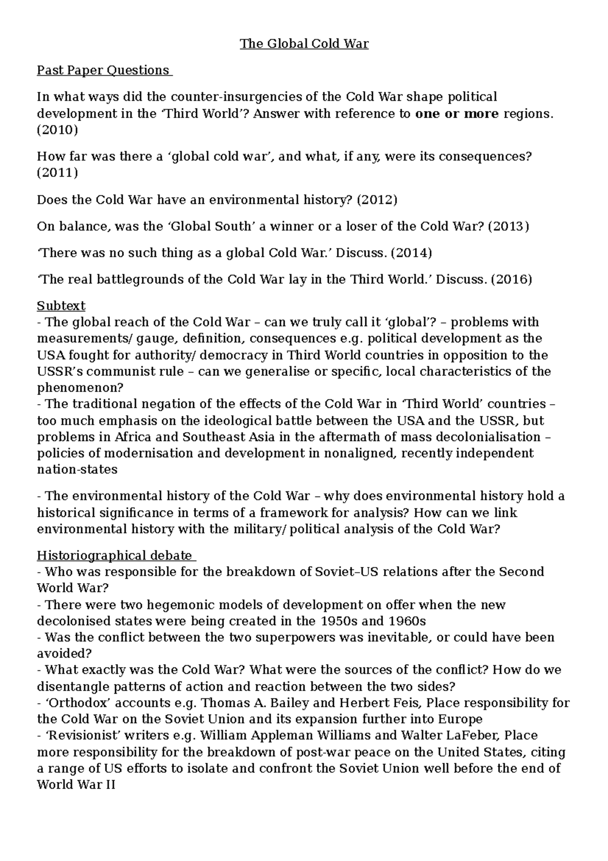 Revision Doc - The global Cold War - The Global Cold War Past Paper ...