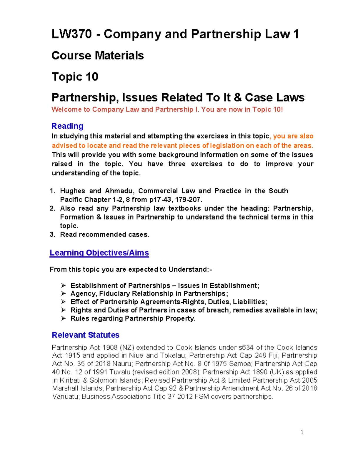 Topic 10 Class Notes S1 2023 Partnership Issues Cases for Moodle ...