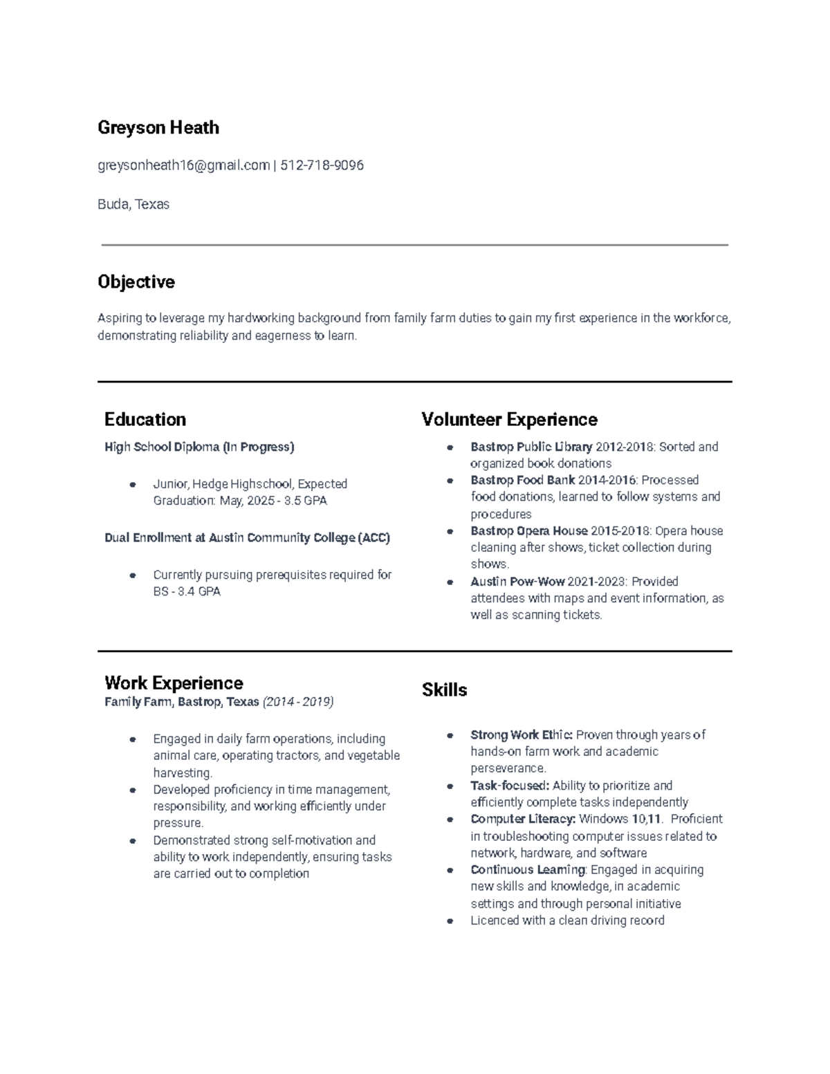 Greyson Heath resume-2 - Greyson Heath greysonheath16@gmail | 512-718 ...