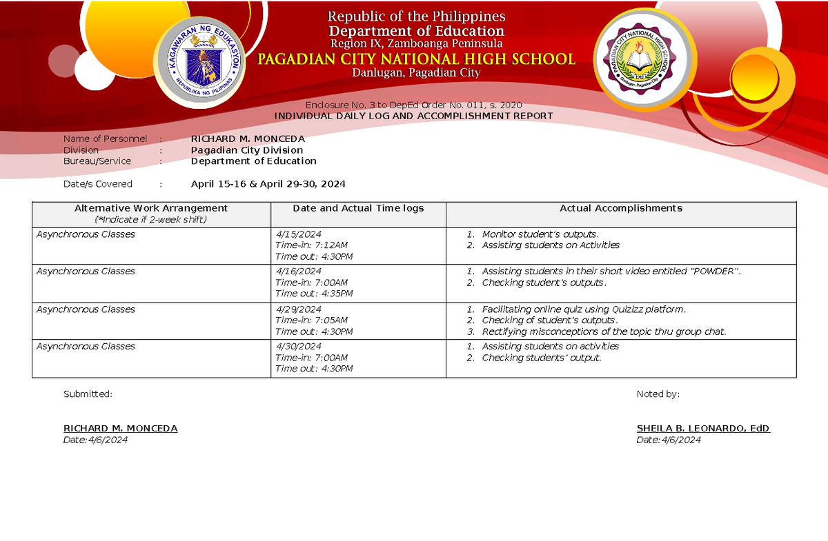 IDLAR TEMPLATES - INDIVIDUAL DAILY LOG AND ACCOMPLISHMENT REPORT Name ...