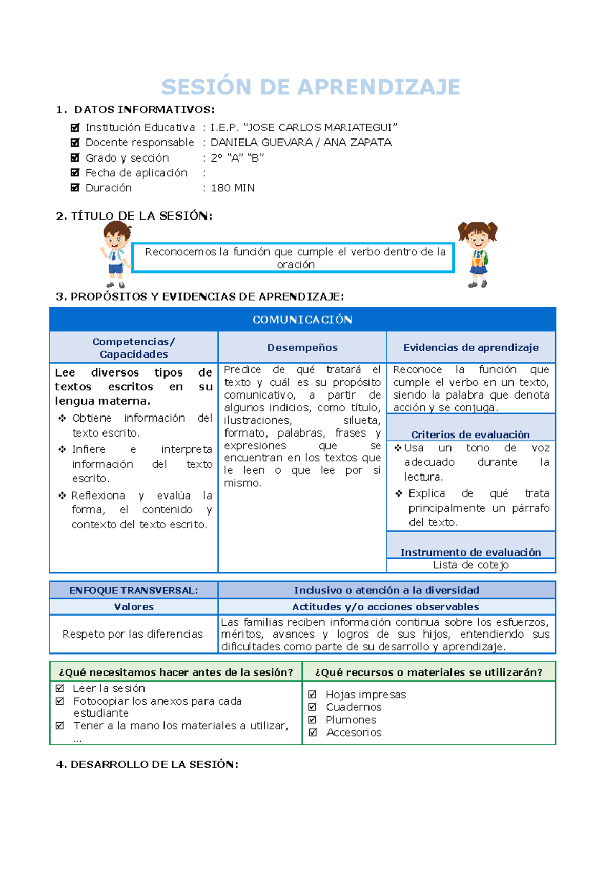 Sesión DE Aprendizaje EL Verbo - SESIÓN DE APRENDIZAJE 1. DATOS INFORMATIVOS: Institución - Studocu