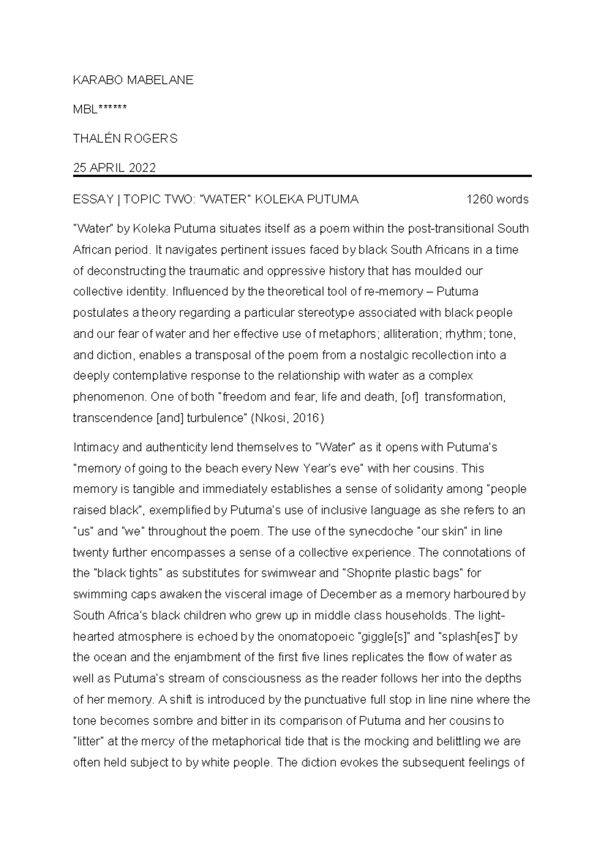 South African Women's Poetry - Topic 2: "Water" by Koleka Putuma ...