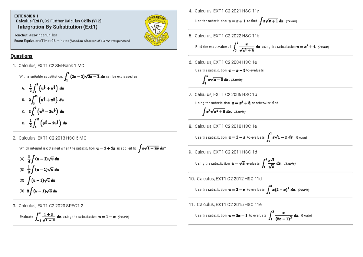 Integration by substitution SM - 1. Calculus, EXT1 C2 SM-Bank 1 MC 2 ...