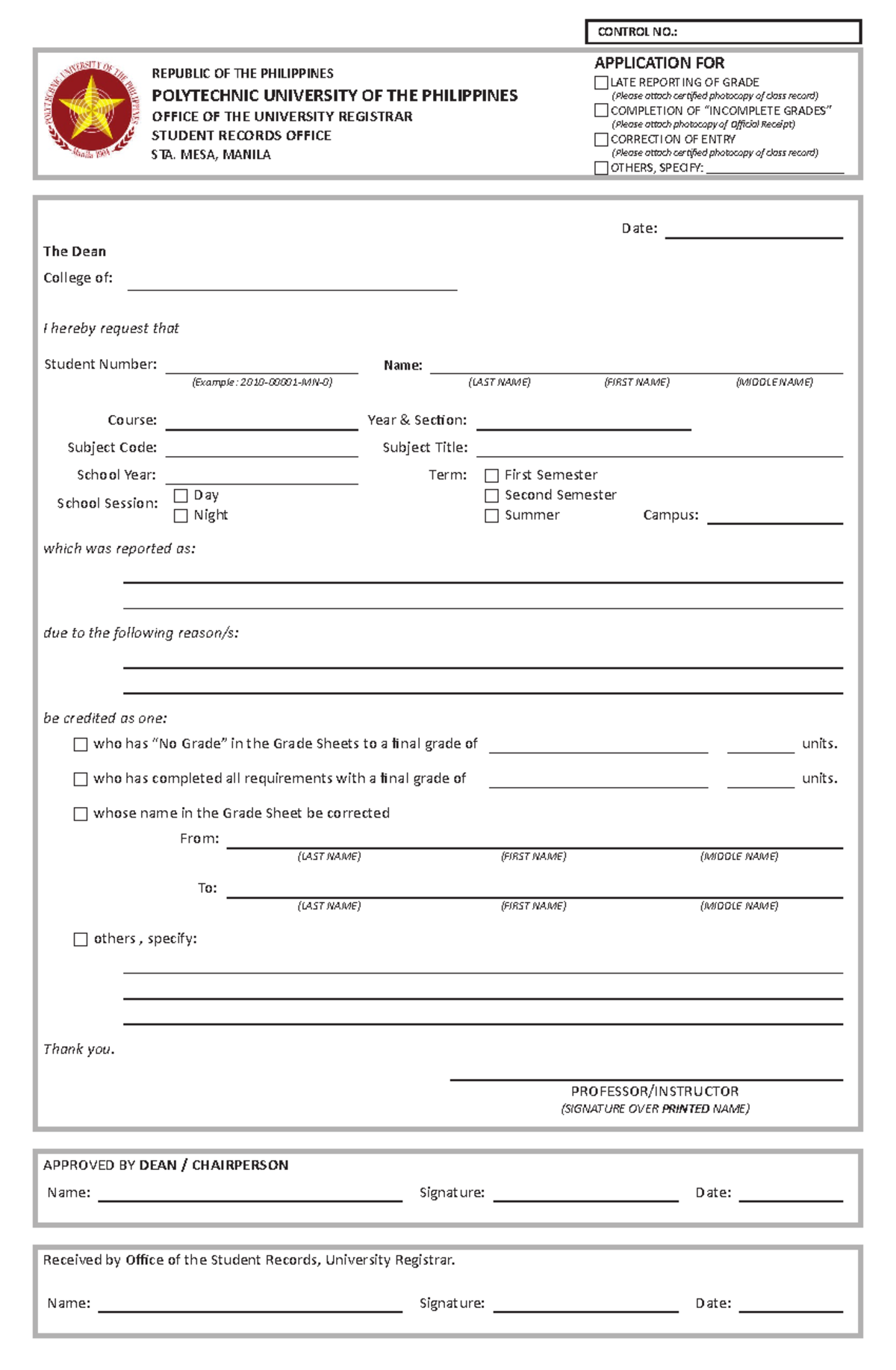 PUPCompletion Form 2011 A - CONTROL NO.: REPUBLIC OF THE PHILIPPINES ...