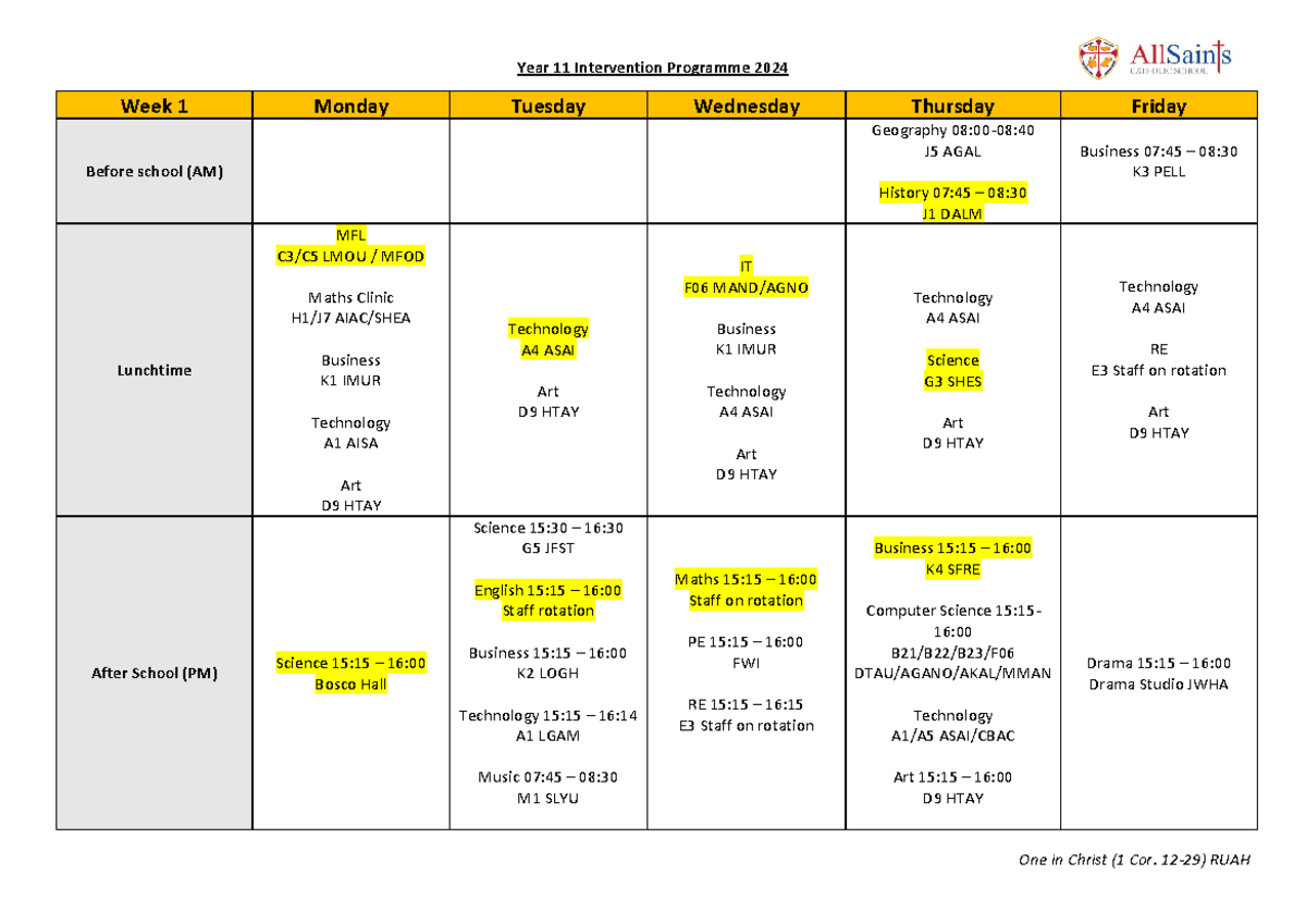 Year 11 Intervention Programme March 2024 - One in Christ (1 Cor. 12-29) RUAH Year 11 ...