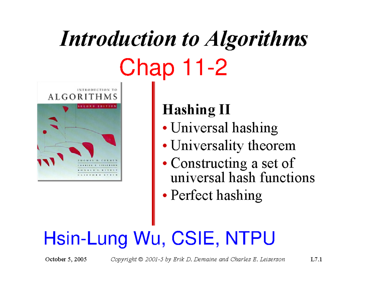 Chap11 2 updated 2014 1102 - Introduction to Algorithms Hashing II Universal hashing ...