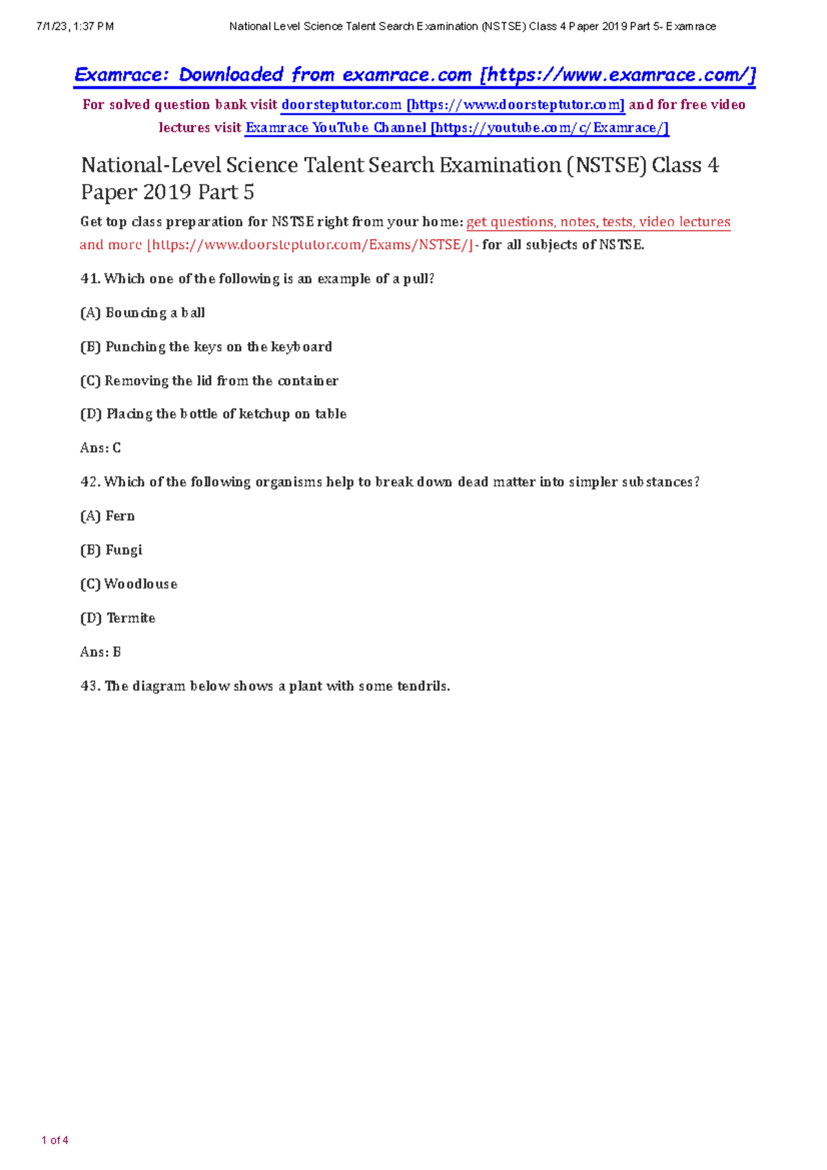 Nstse Class 4 Paper 2019 Part 5 - Examrace: Downloaded from examrace [examrace/] For solved ...