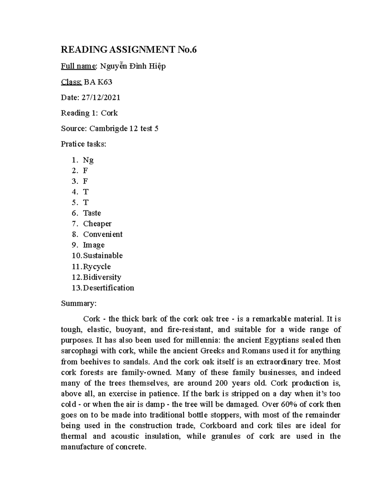 Reading Assignment Tuần 6 - READING ASSIGNMENT No. Full name: Nguyễn ...