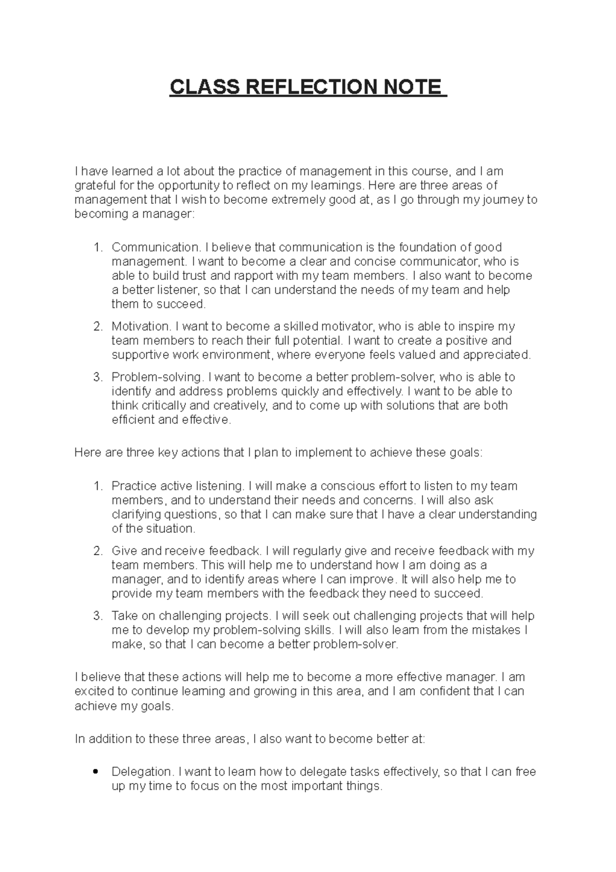 Class Reflection NOTE Principles OF Management Arunabh Bhattacharya ...