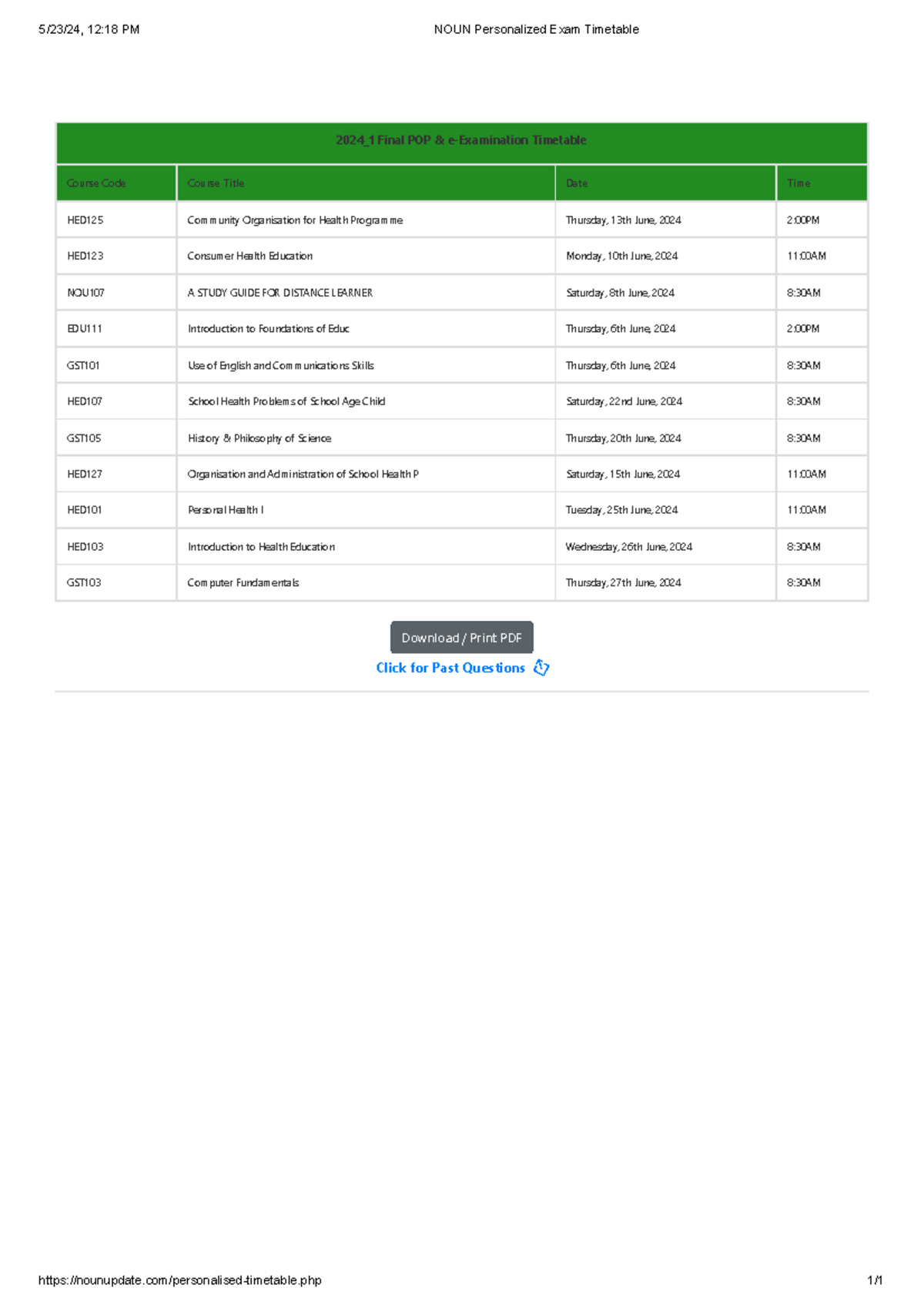NOUN Personalized Exam Timetable adebisi - Click for Past Questions ...