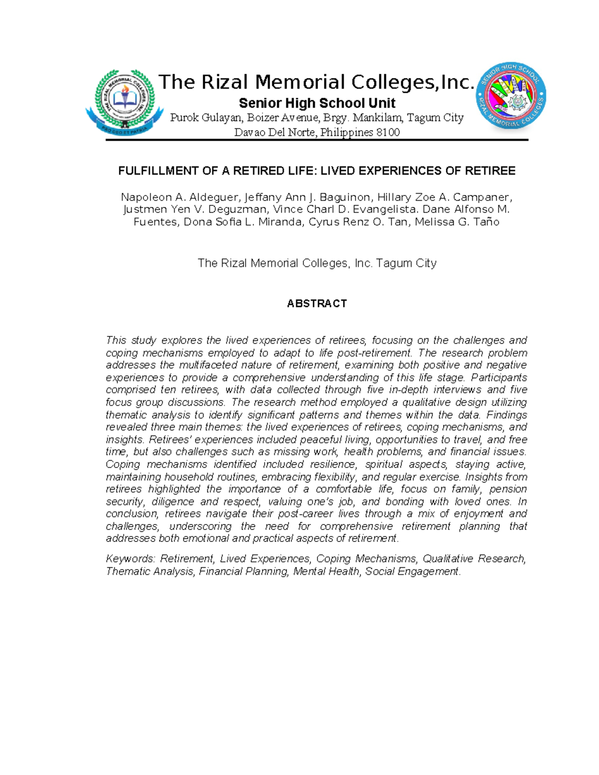 Fulfillment OF A Retired LIFE Lived Experiences OF Retiree - Group-4 ...