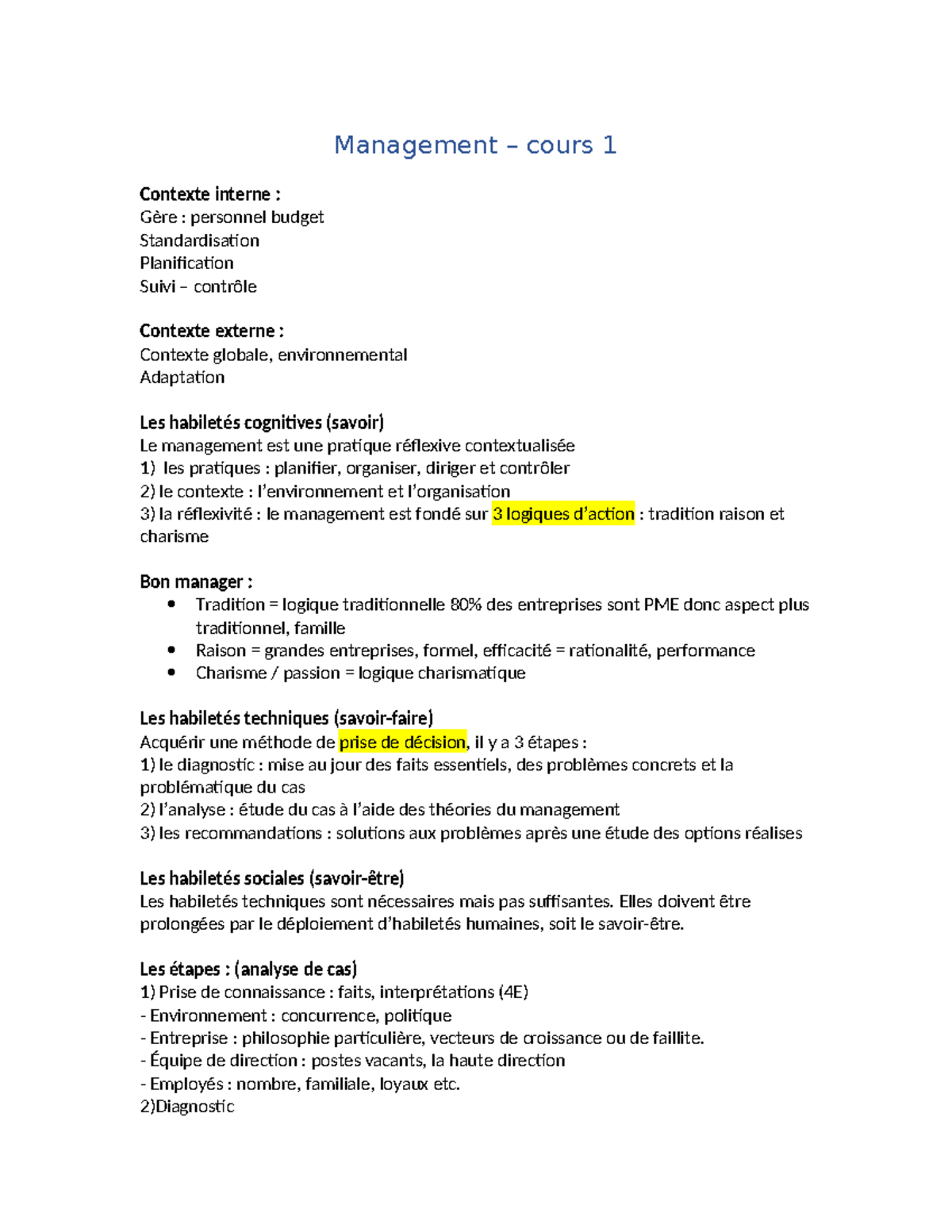 QUIZ 1 - chapitre 1 à 4 - Management – cours 1 Contexte interne : Gère : personnel budget - Studocu