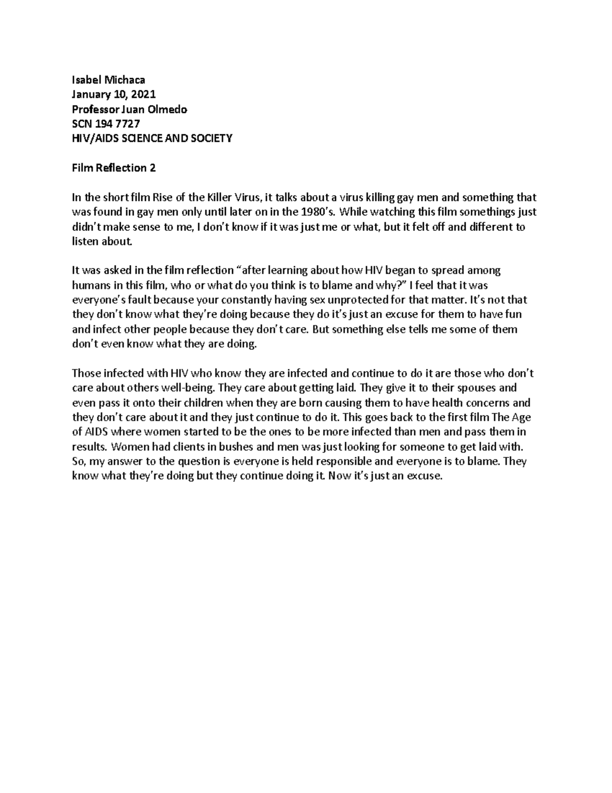 Film Reflection 2 - N/A - Isabel Michaca January 10, 2021 Professor ...