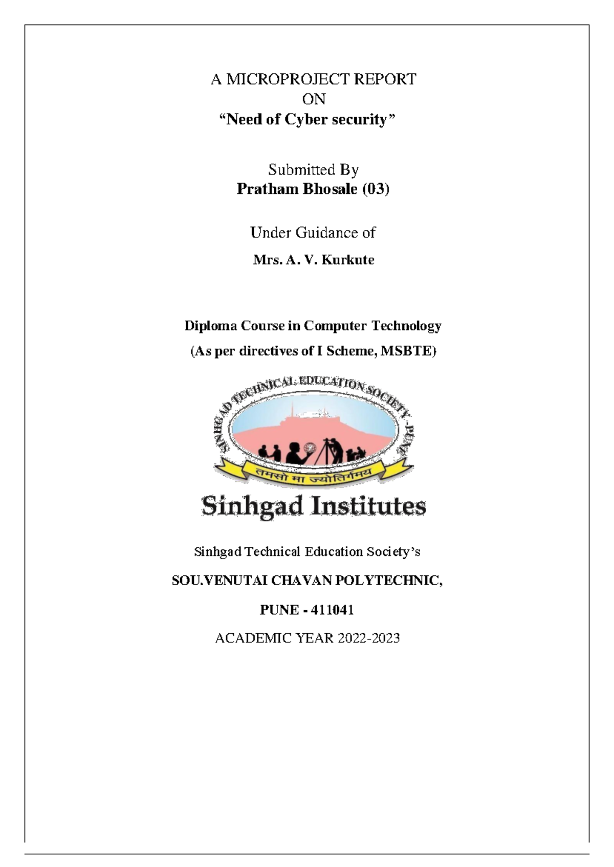 ETI Microproject - A MICROPROJECT REPORT ON “Need of Cyber security” Submitted By Pratham ...