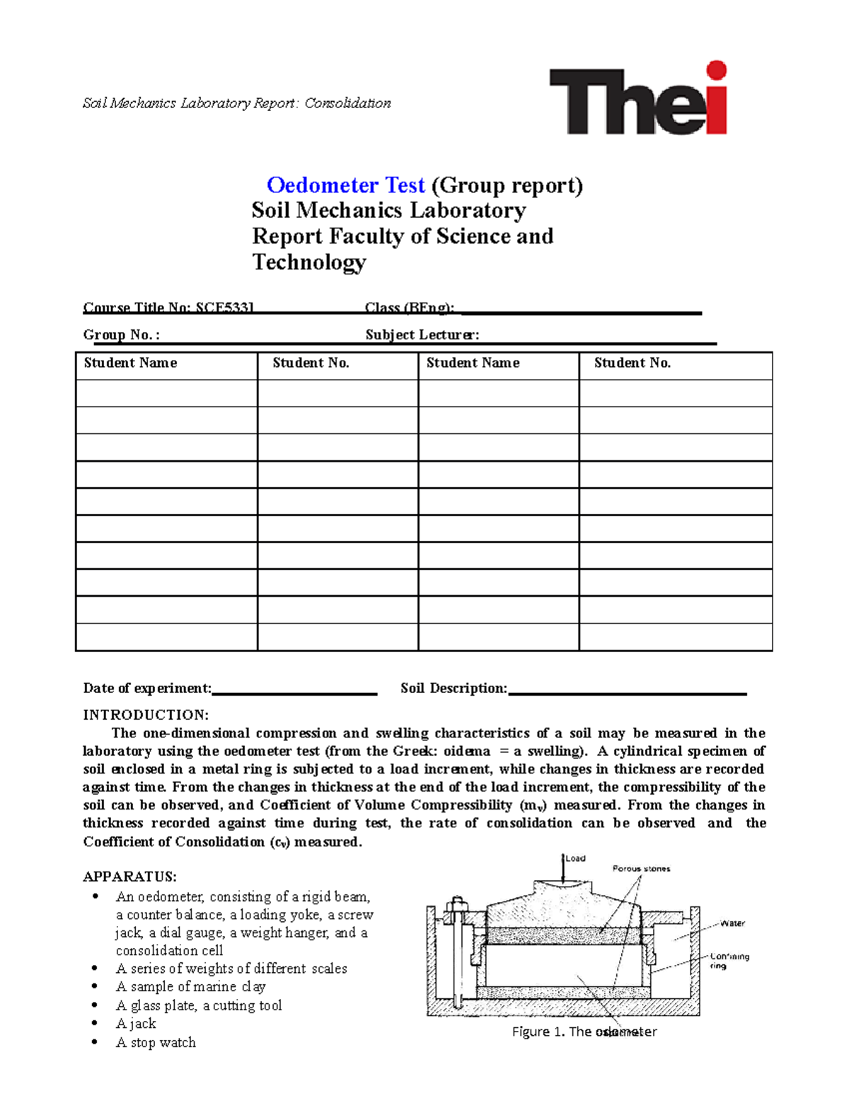 Lab-oedometer - lab - Soil Mechanics Laboratory Report: Consolidation ...