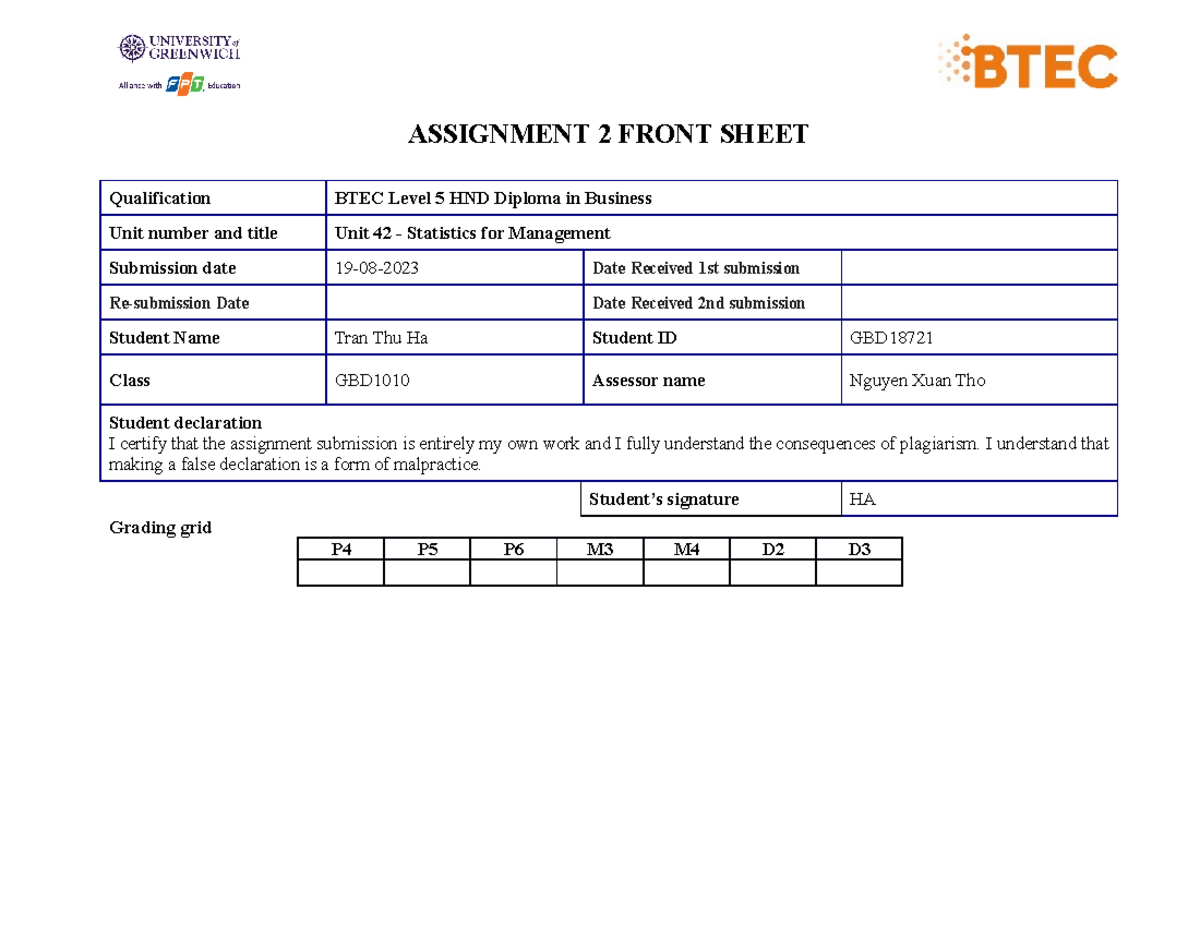 ASS 2 570 - ass1 570 fpt greenwich p - ASSIGNMENT 2 FRONT SHEET Qualification BTEC Level 5 HND ...