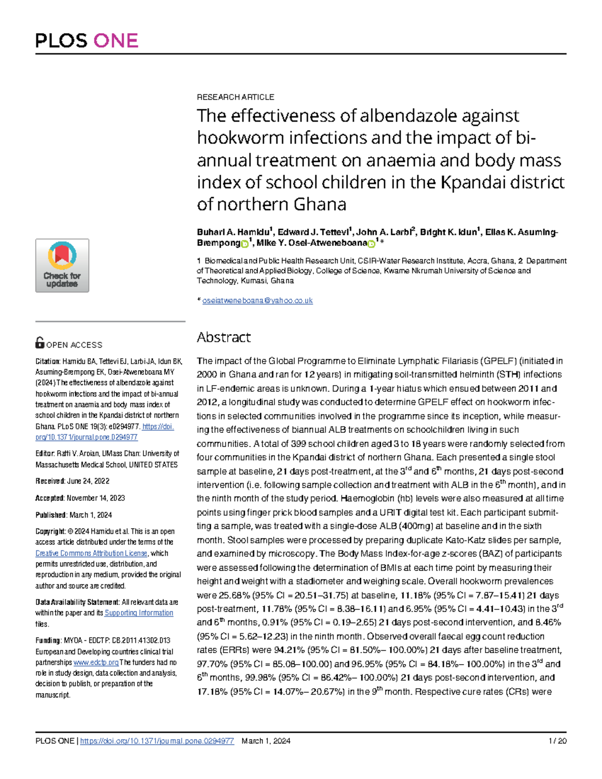 Artigo 05 parasito - RESEARCH ARTICLE The effectiveness of albendazole ...