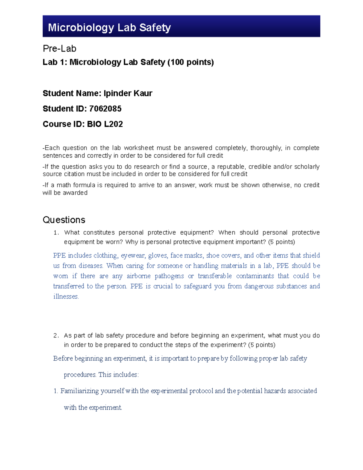 Lab-1-Microbiology Lab Safety - Pre-Lab Lab 1: Microbiology Lab Safety ...
