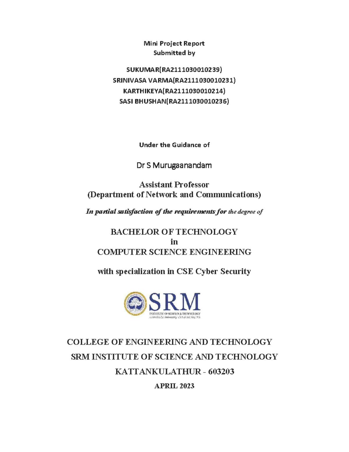 CC MINI Project Report - ####### Mini Project Report ####### Submitted ...