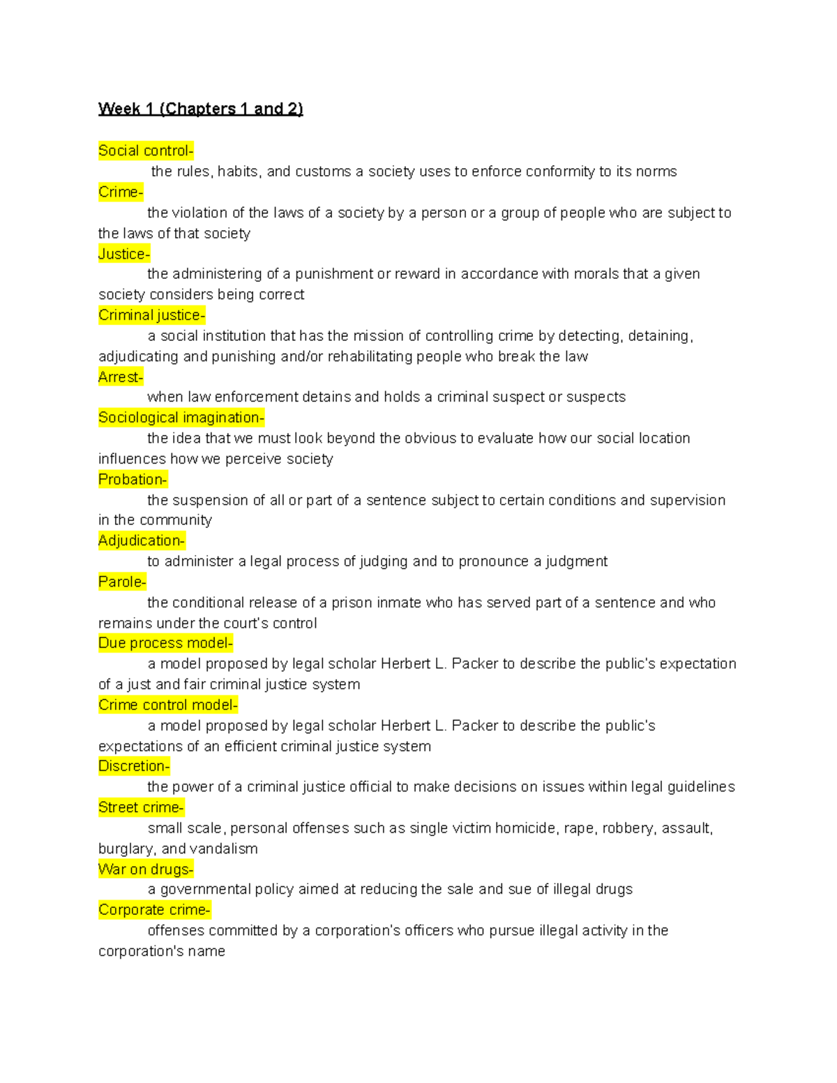 CJ Textbook - Week 1 (Chapters 1 and 2) Social control- the rules ...