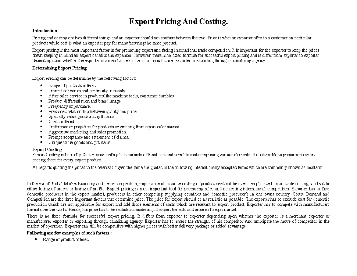 Export Pricing And Costing - Introduction Pricing and costing are two different things and an ...