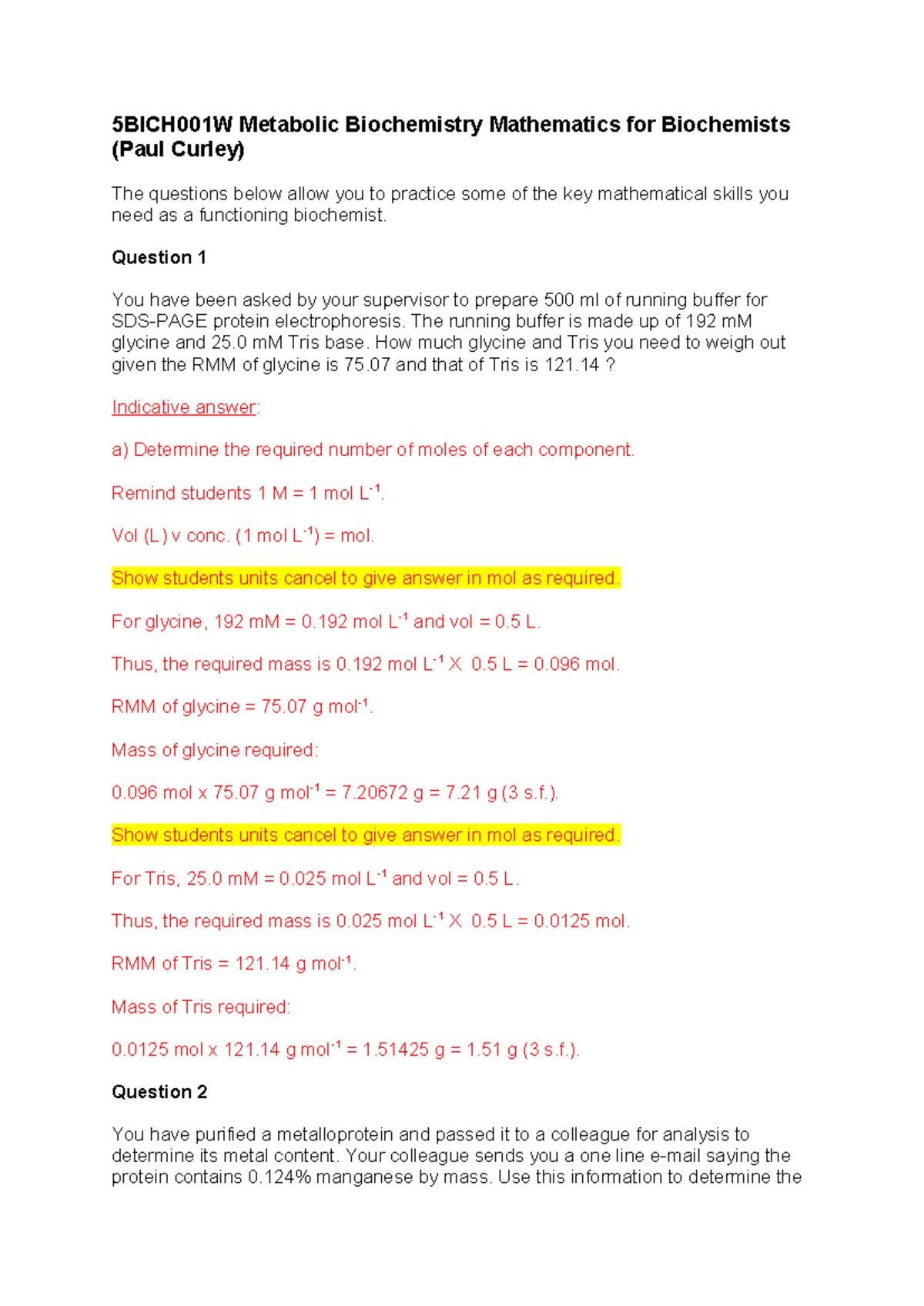 5BICH001W Mathematics for Biochemists Tutorial Solution - 5BICH001W ...